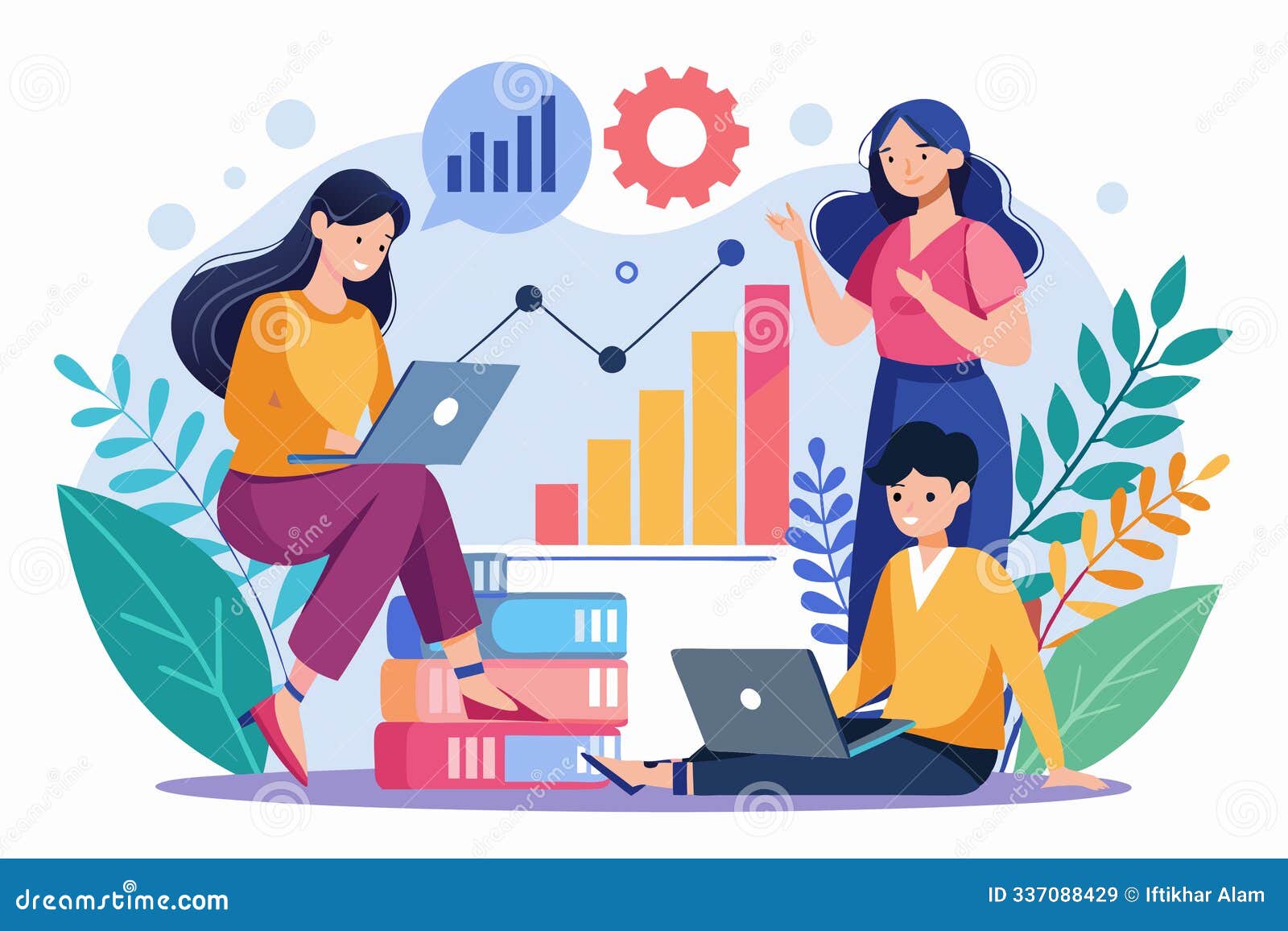 Three Women Engage in Data Analysis and Discussion, Surrounded by Charts, Graphs, and Books in a ...