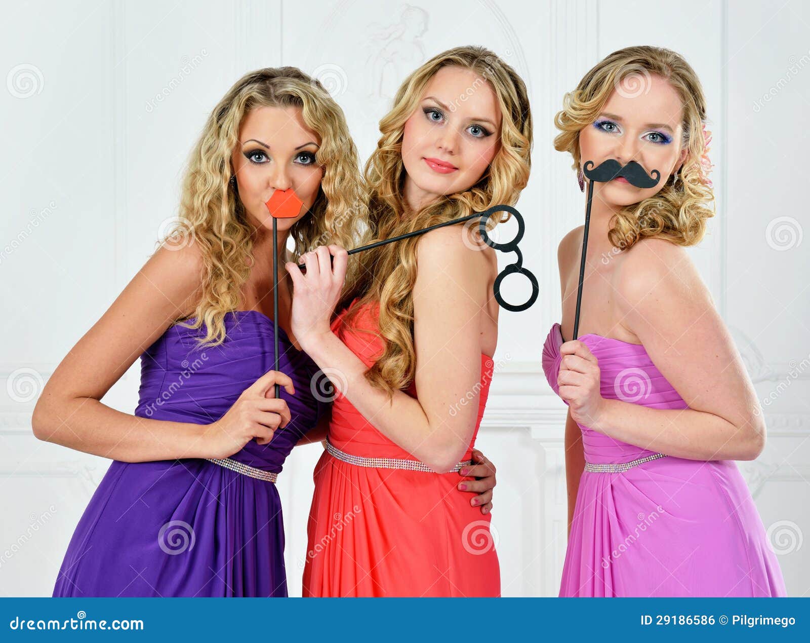 Three Women in Evening Gown with Masks. Stock Photo - Image of group ...
