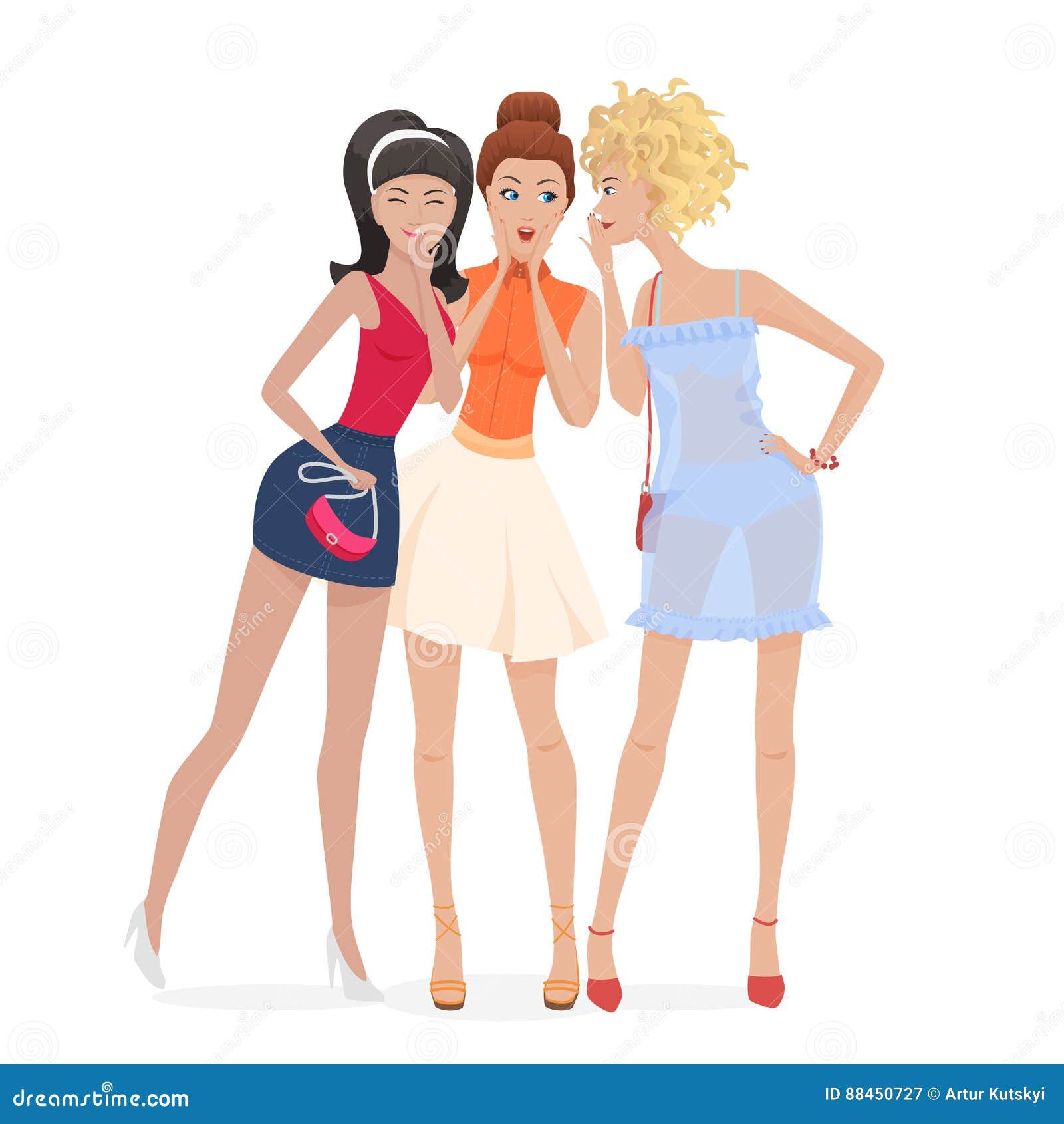 Three Women Gossips Standing and Talking Isolated on White Vector ...