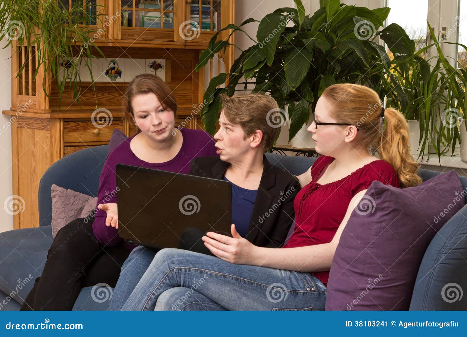 Three Women with Laptop Arguing Stock Image - Image of mother, green ...