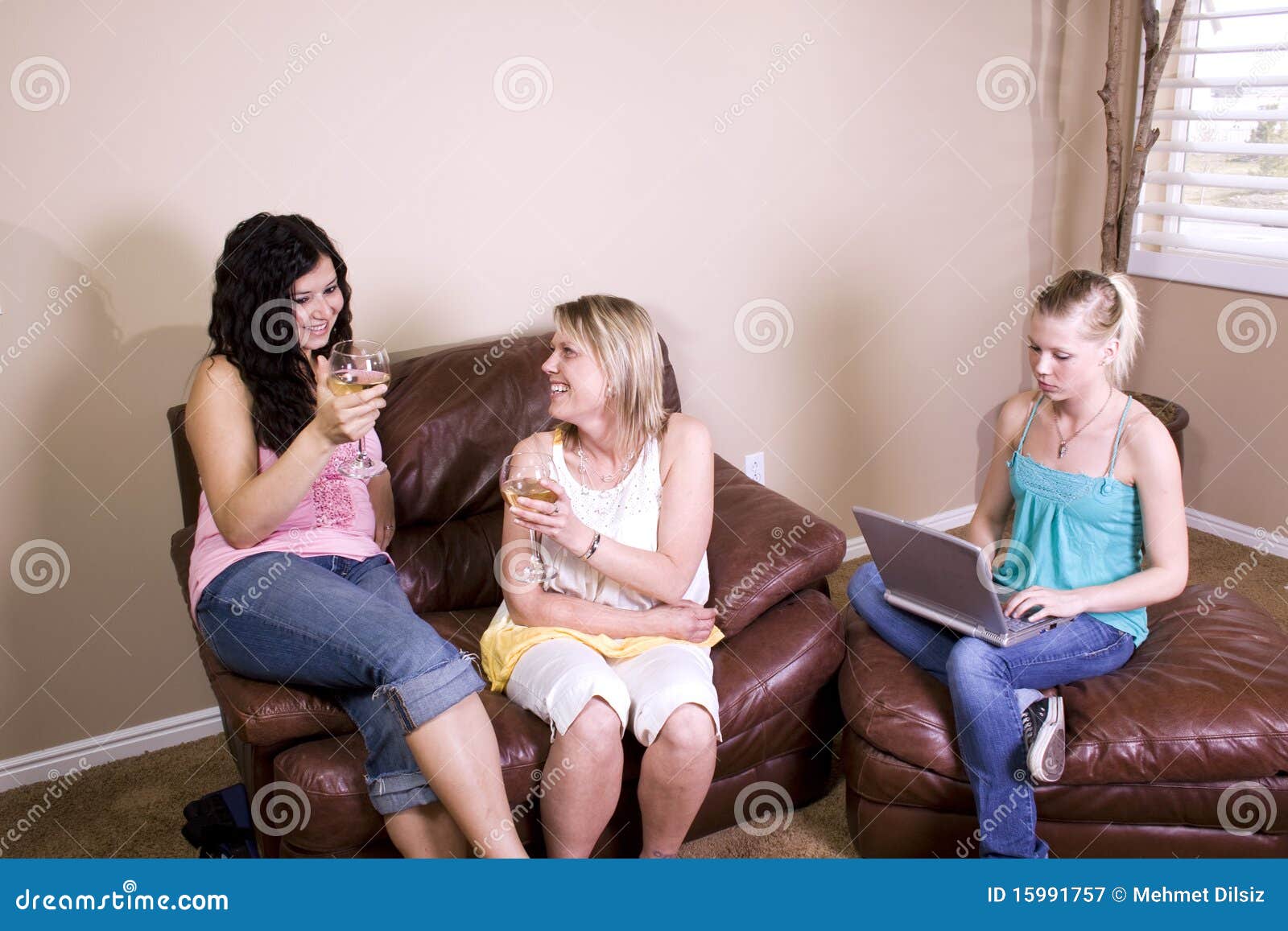 Three Women Socializing at Home Stock Image - Image of couch, blond ...
