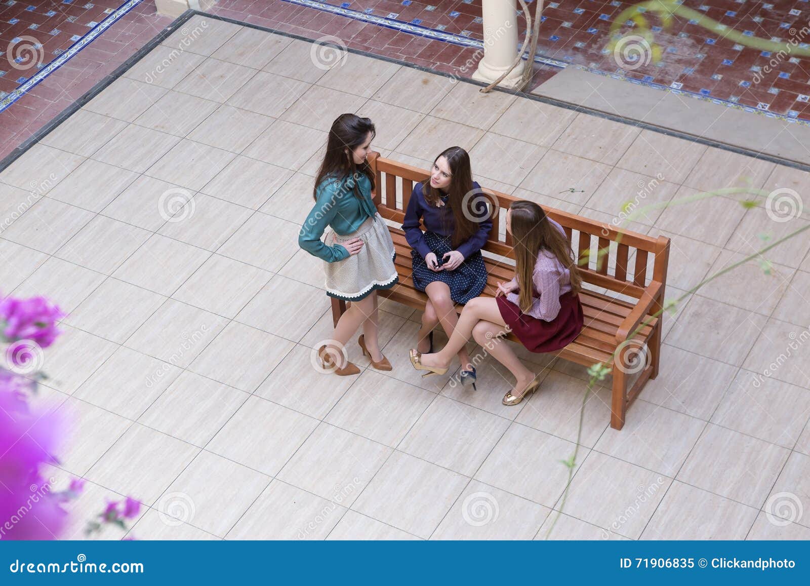 Three Women Talking on Bench Stock Image - Image of people, bench: 71906835