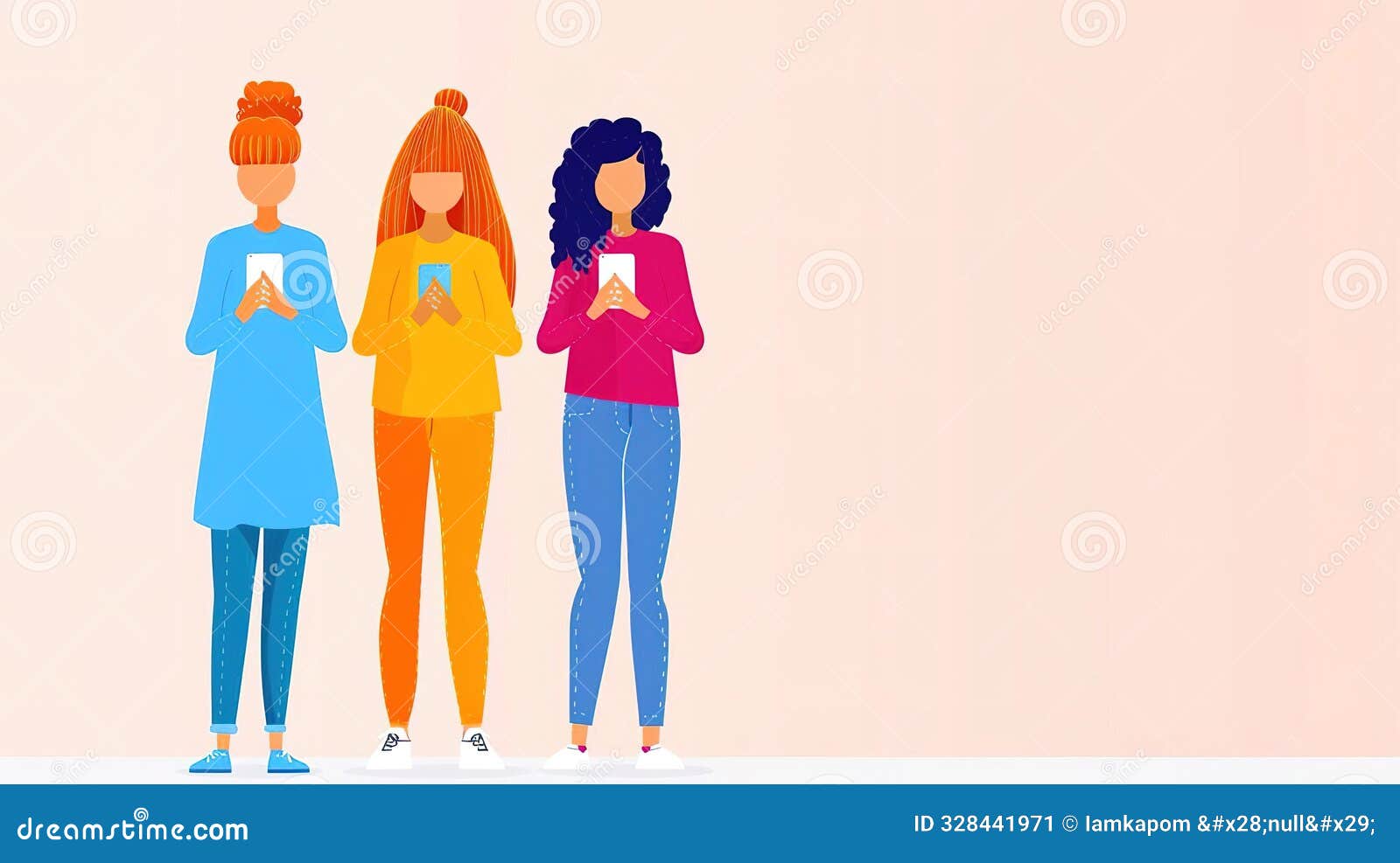 Three Women Using Smartphones, Standing Together, Diverse, Colorful ...