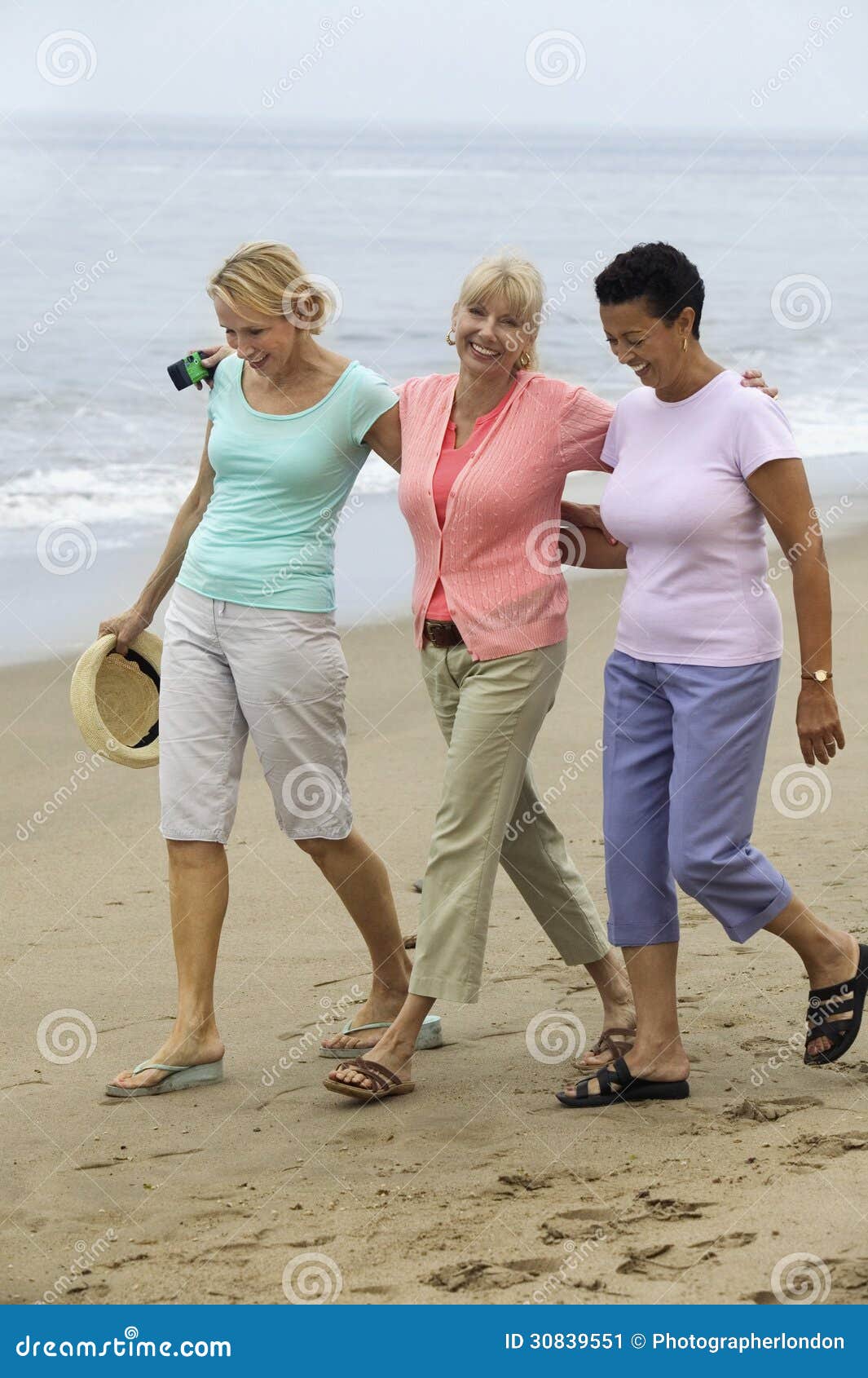 Three Women Walking on Beach Stock Image - Image of friends, leisure ...