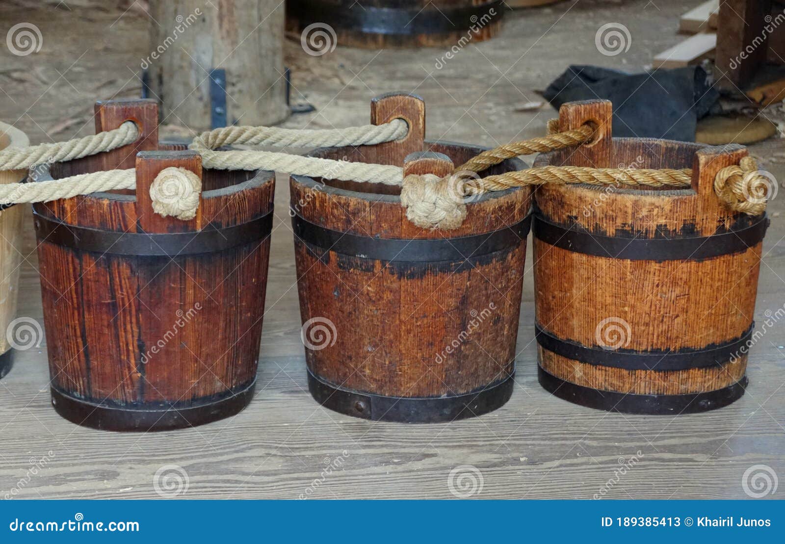 Three Wooden Barrel Attached with Ropes on the Floor Stock Image ...