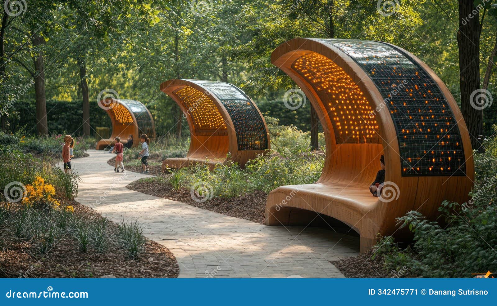Three Wooden Benches with Curved Roofs and Light Panels, Set Along a ...