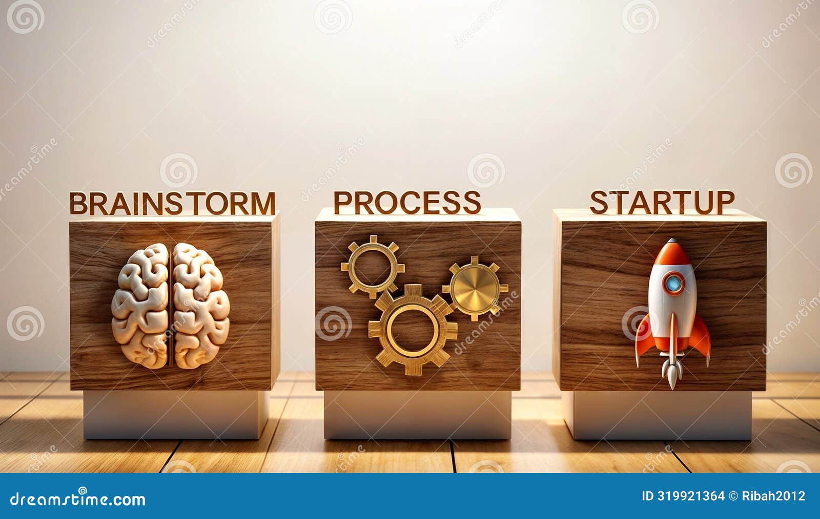 Three Wooden Blocks of Brainstorm, Process and Startup, Stock ...