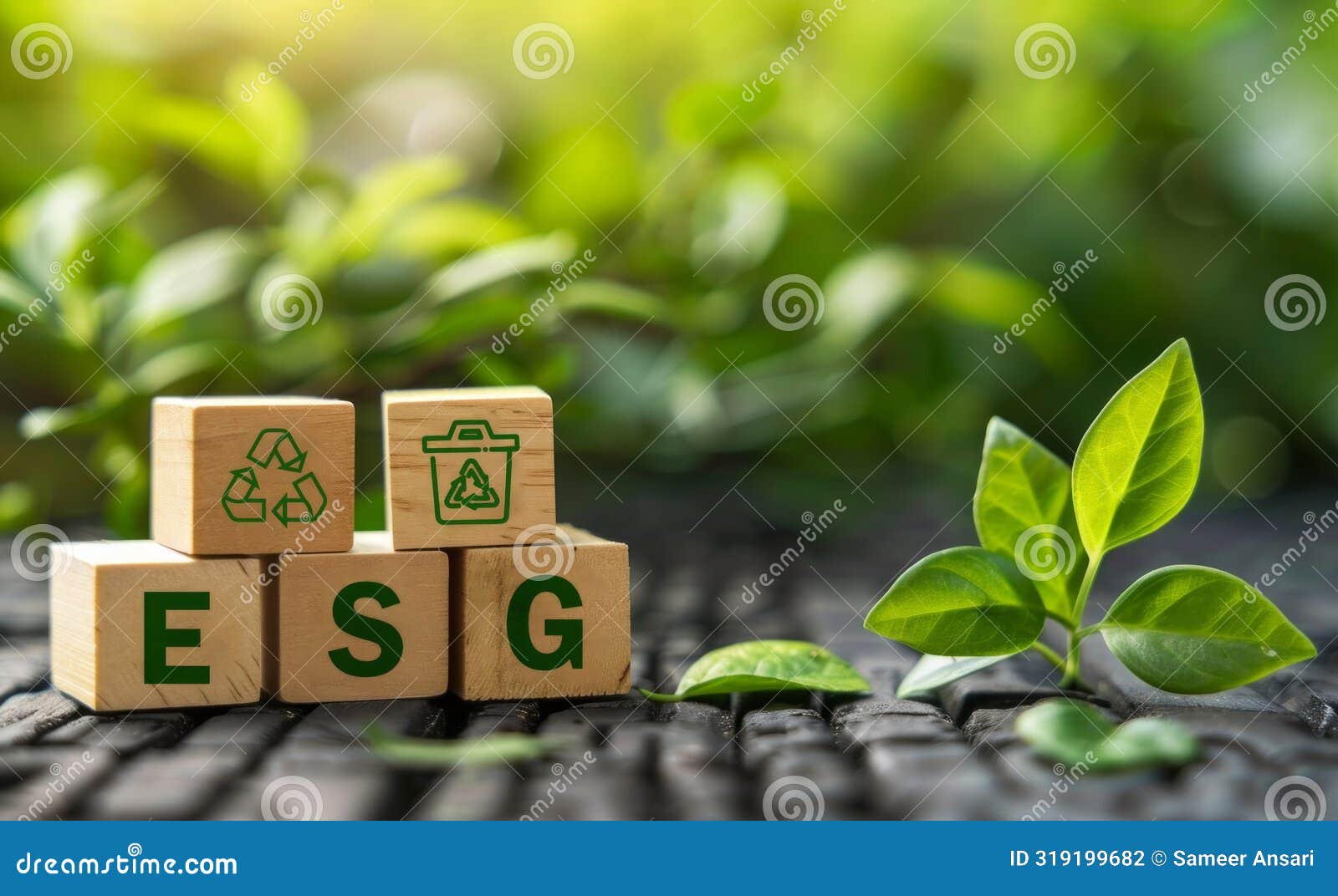 Three Wooden Blocks with Green ESG Icons on it Stock Illustration ...
