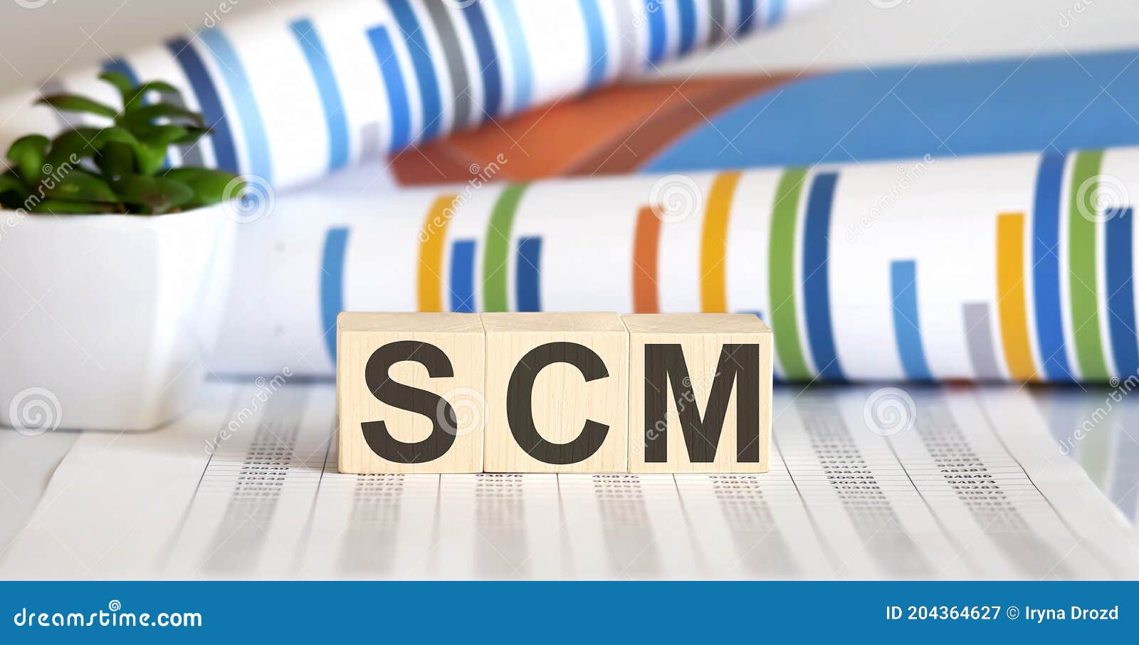 Three Wooden Cubes with Letters SCM , on White Table with Charts Stock ...