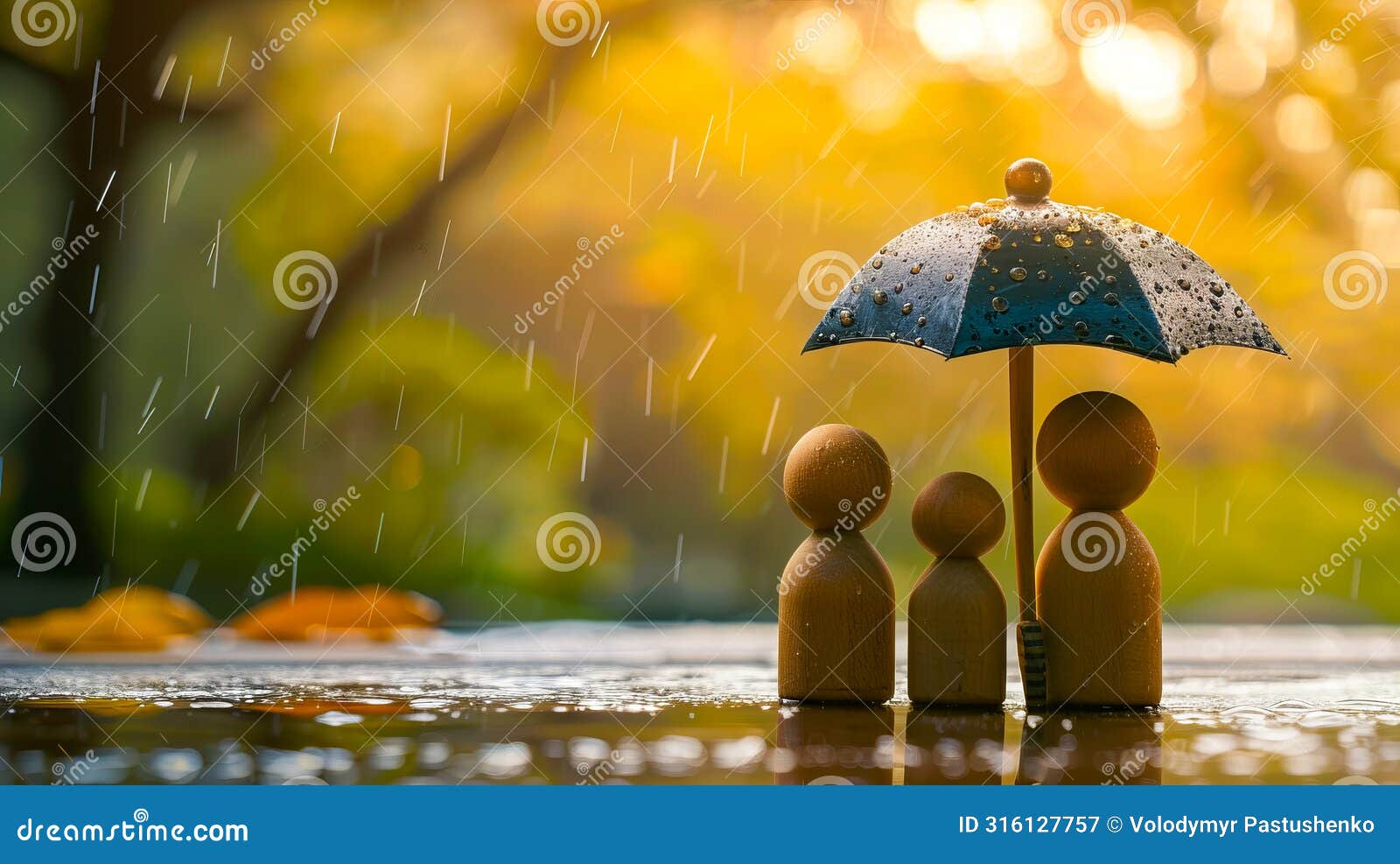 Three Wooden People Under an Umbrella in the Rain Stock Image - Image ...