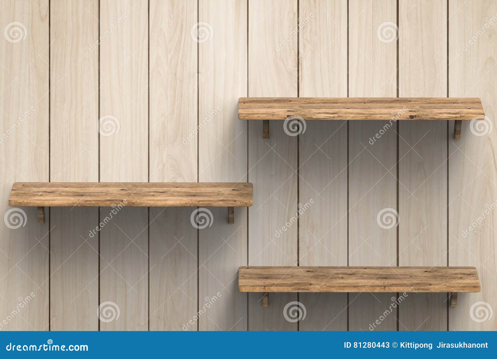 Three Wooden Shelves on Wall Stock Image - Image of surface, piece ...