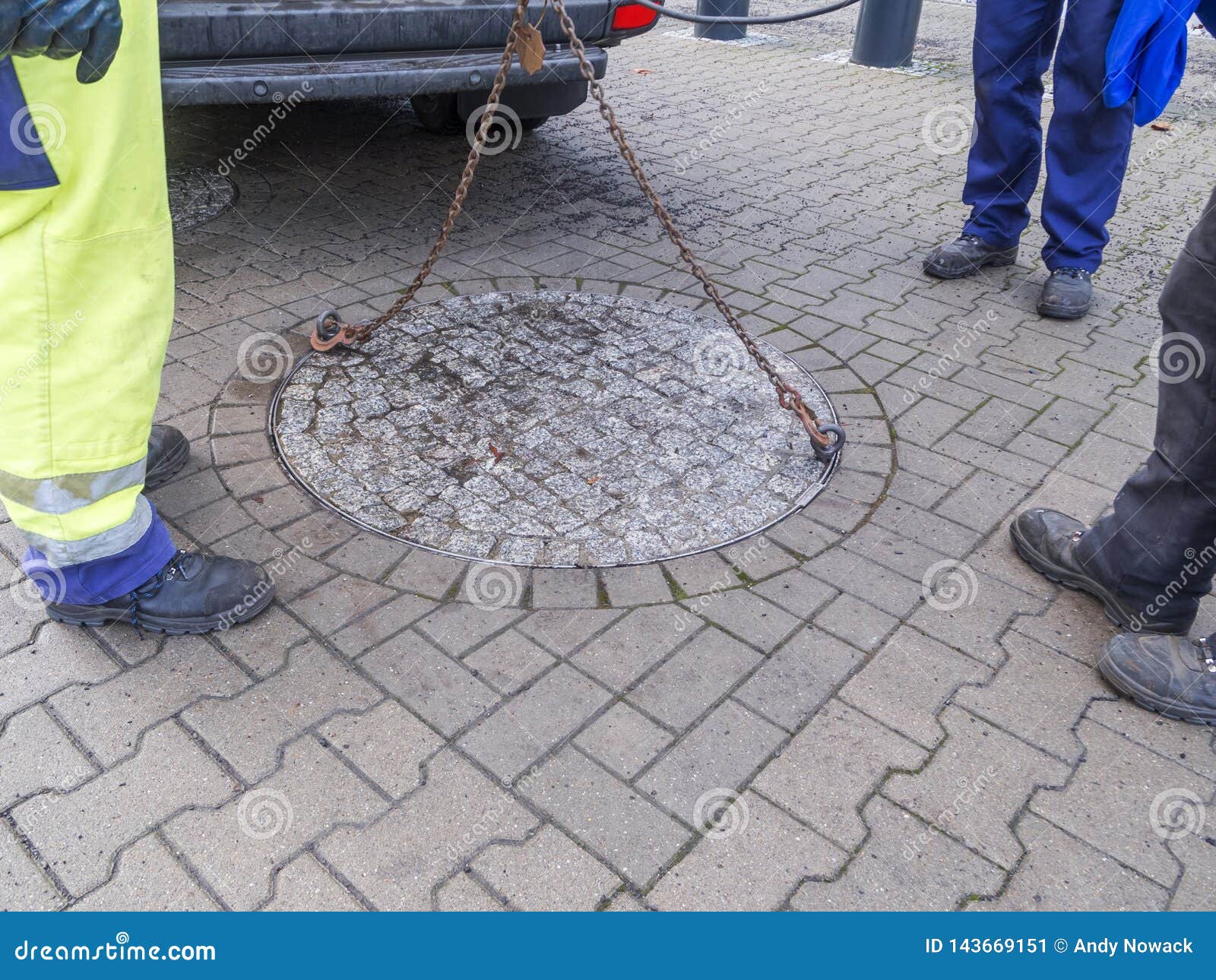 Three Worker by the Closed Man Hole Cover Stock Image - Image of flap ...
