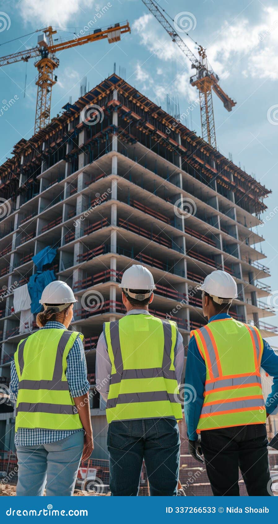 Three Workers at Construction Site Observe Building, Cranes Overhead ...