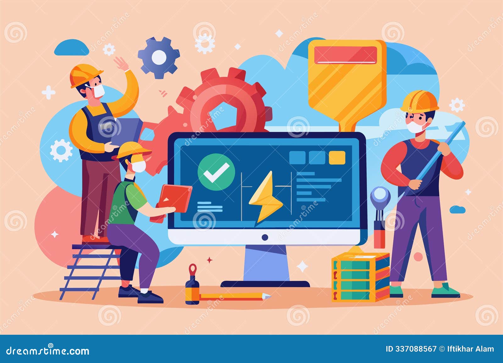 Three Workers Fix Computer Errors on a Large Screen, Engaged in Their ...