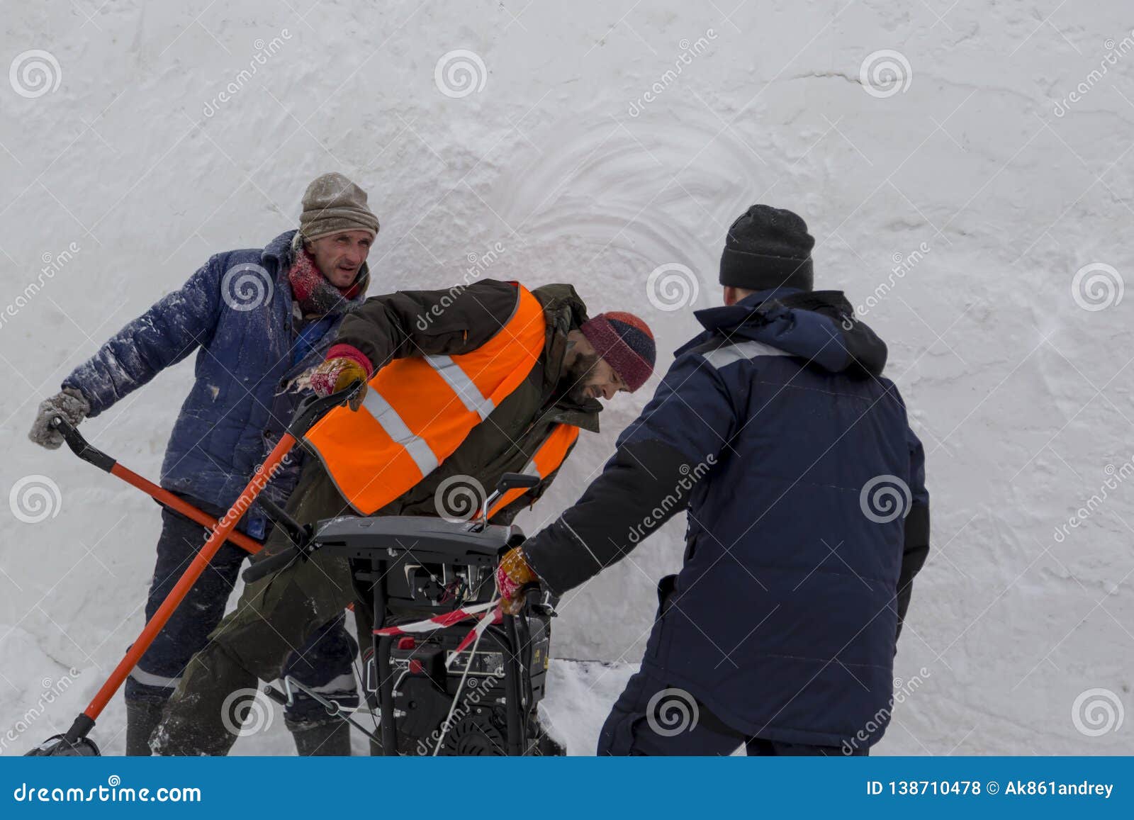 Three Workers in a Snowstorm during Snow Removal Stock Photo - Image of ...
