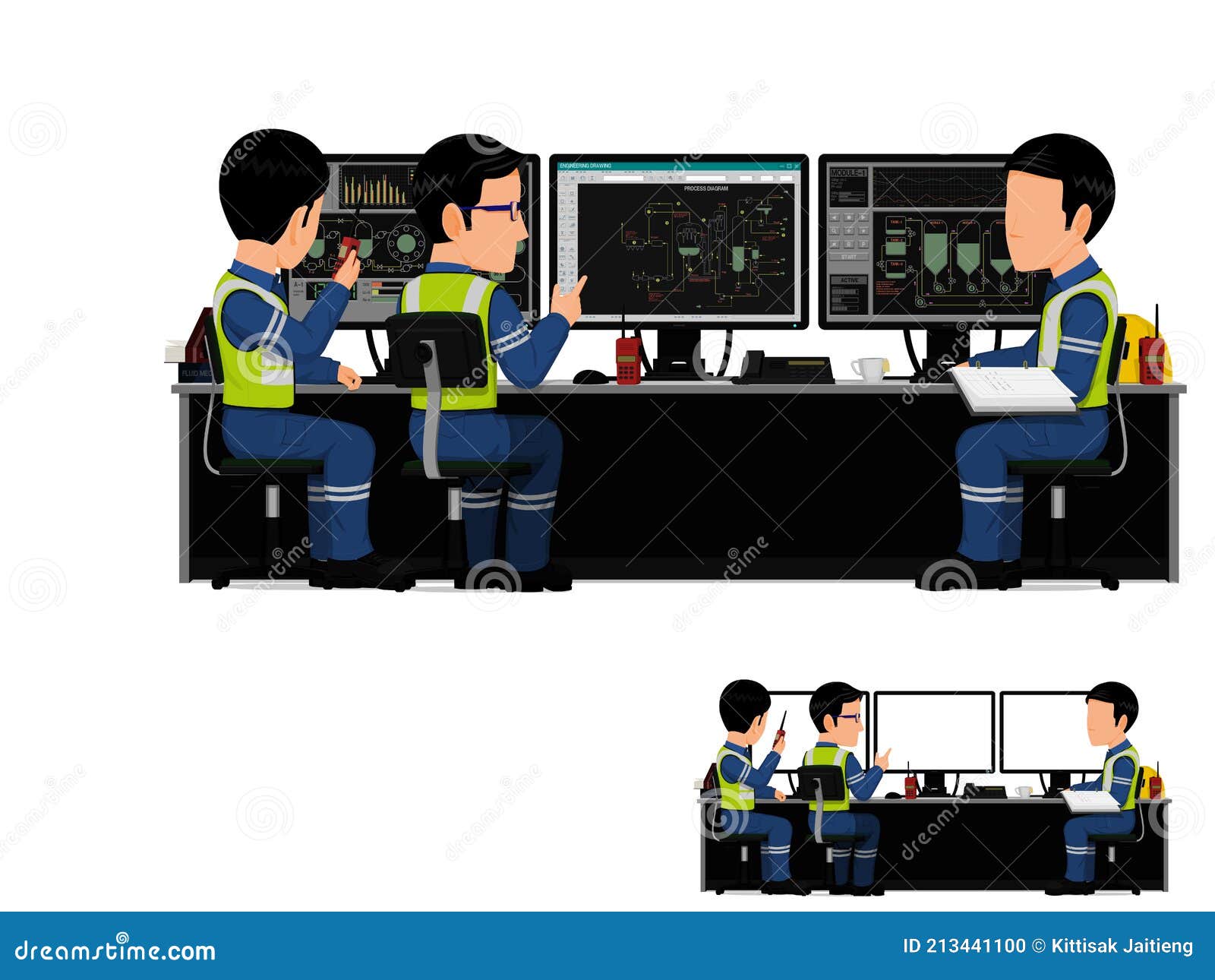 Three Workers are Working in Control Room Stock Vector - Illustration ...