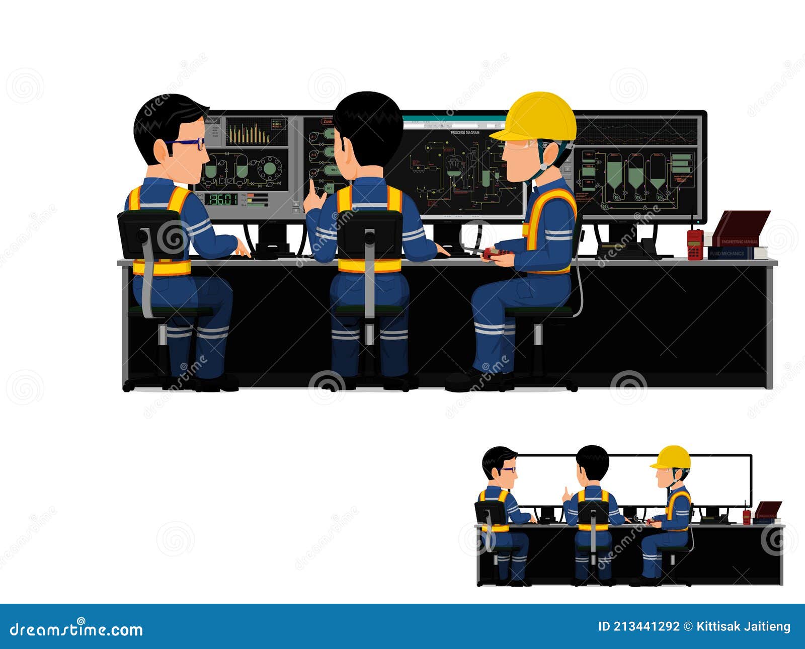 Three Workers are Working in Control Room Stock Vector - Illustration ...