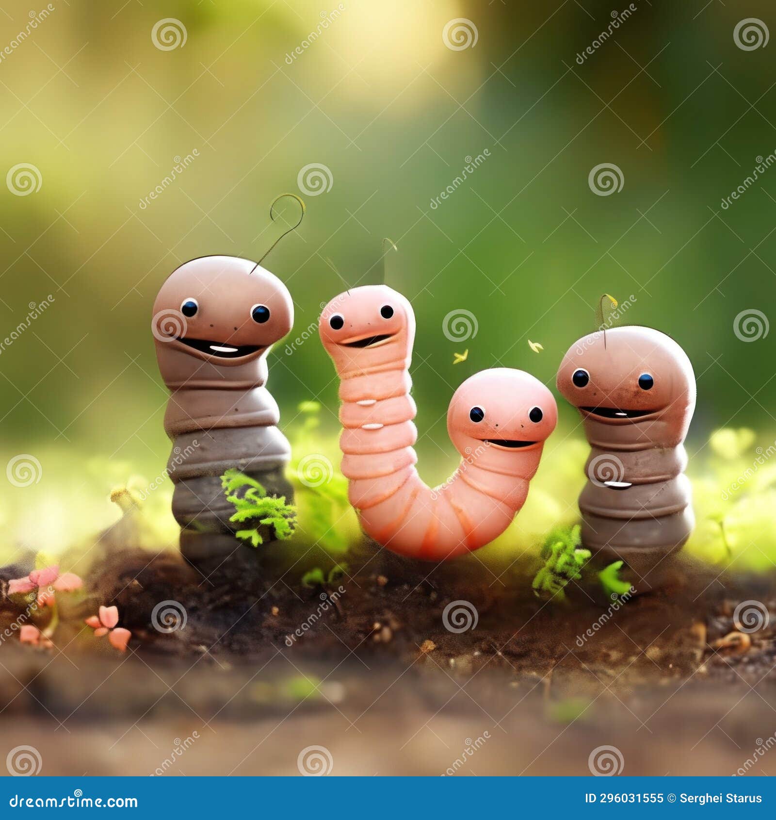 Three Worms with Eyes and Mouth are Sitting in the Dirt, AI Stock Image ...