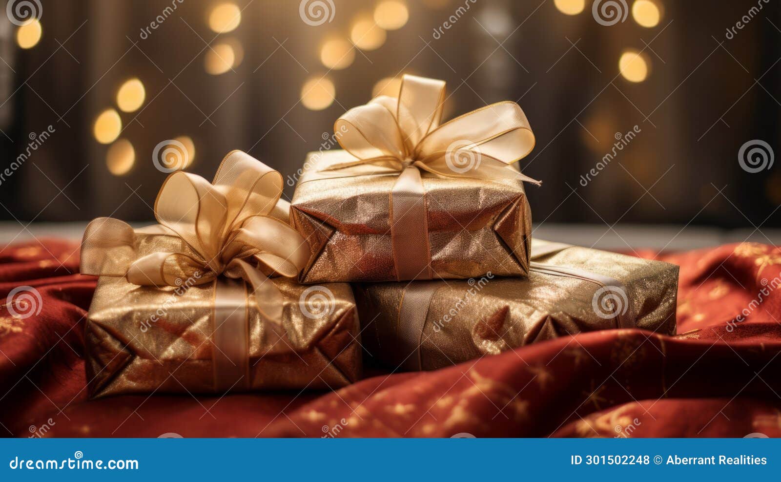 Three Wrapped Presents on a Red Cloth with Lights in the Background ...