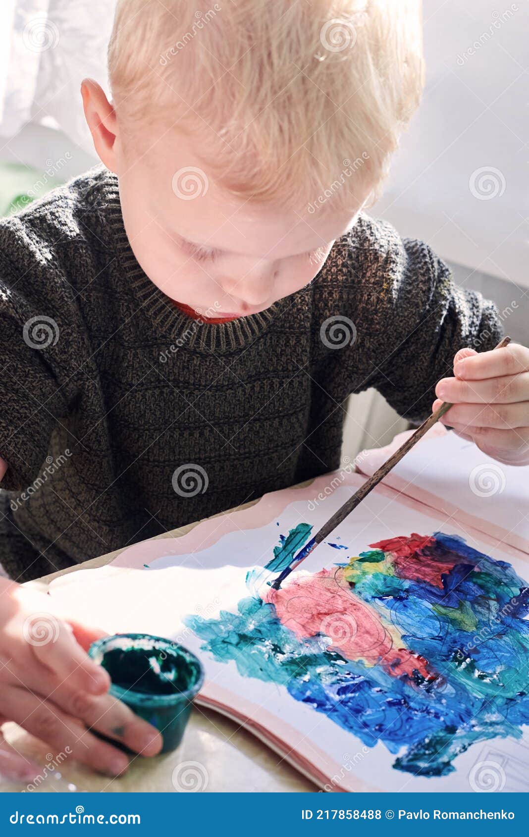 A Three-year-old Boy Paints with Gouache Coloring Stock Photo - Image ...
