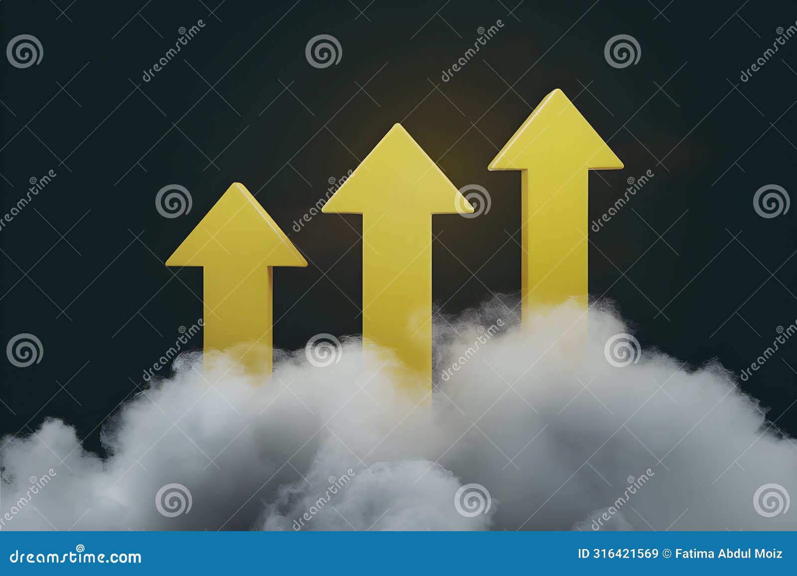 Three Yellow Arrows Pointing Up, Emerging from Clouds on Dark ...