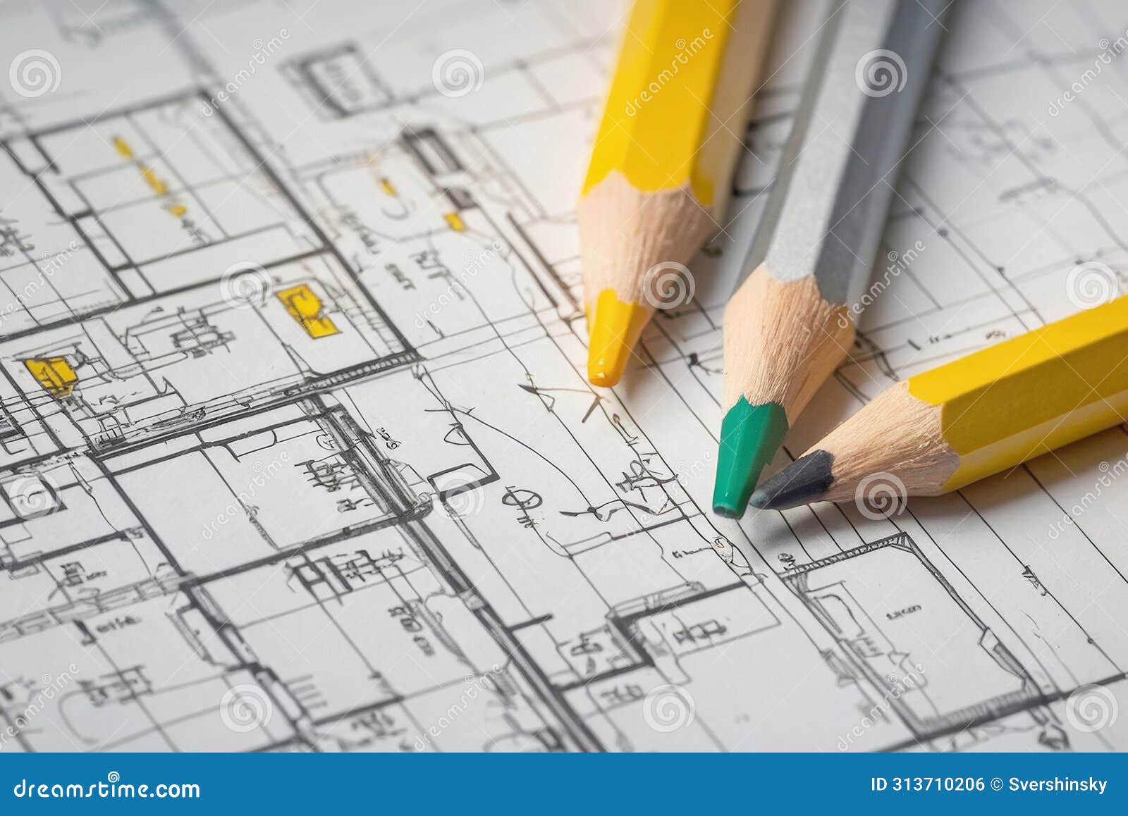 Three Yellow Pencils on a Technical Drawing Project and an ...