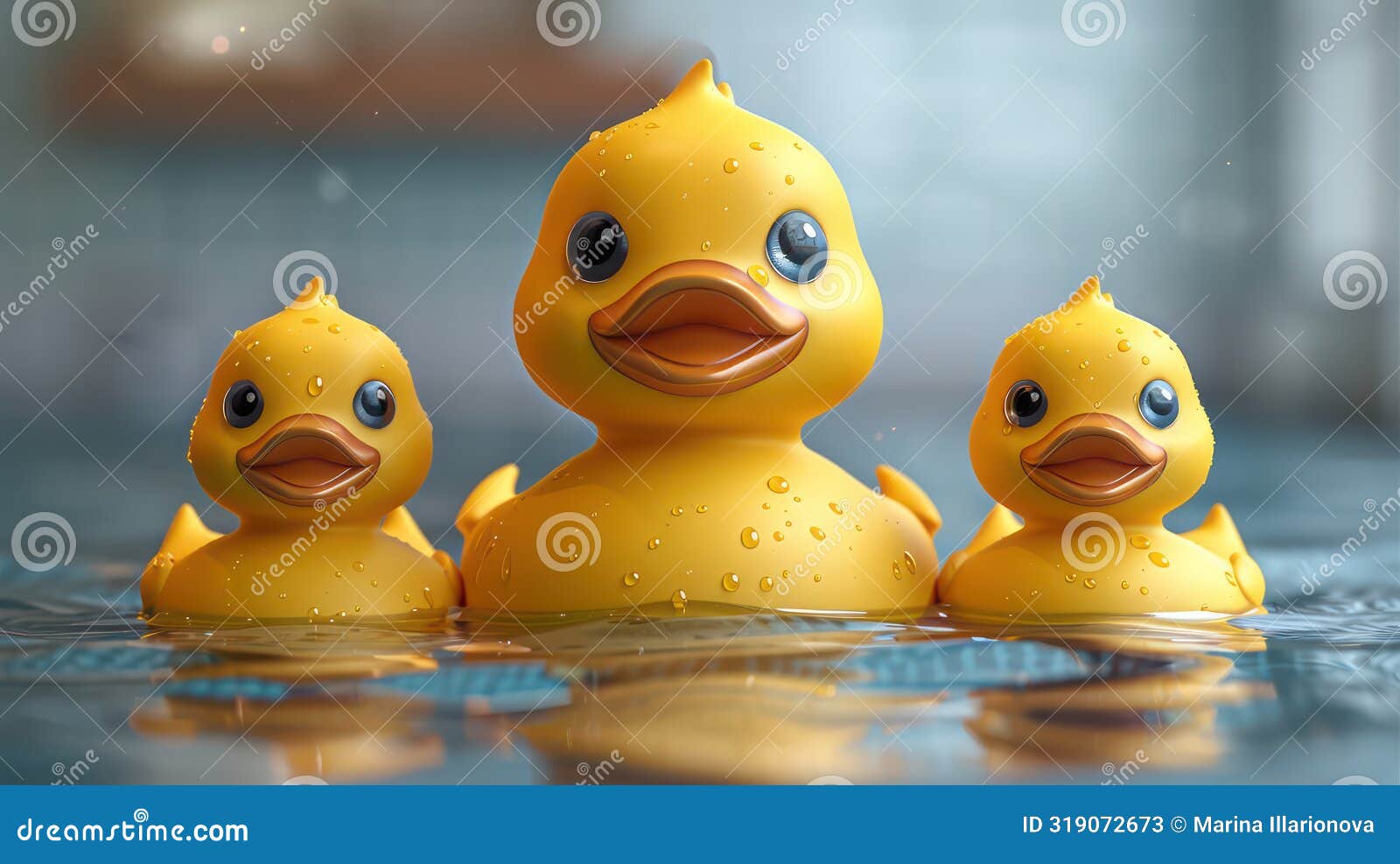 Three Yellow Rubber Ducks Float in Water, Abstract Background for a ...