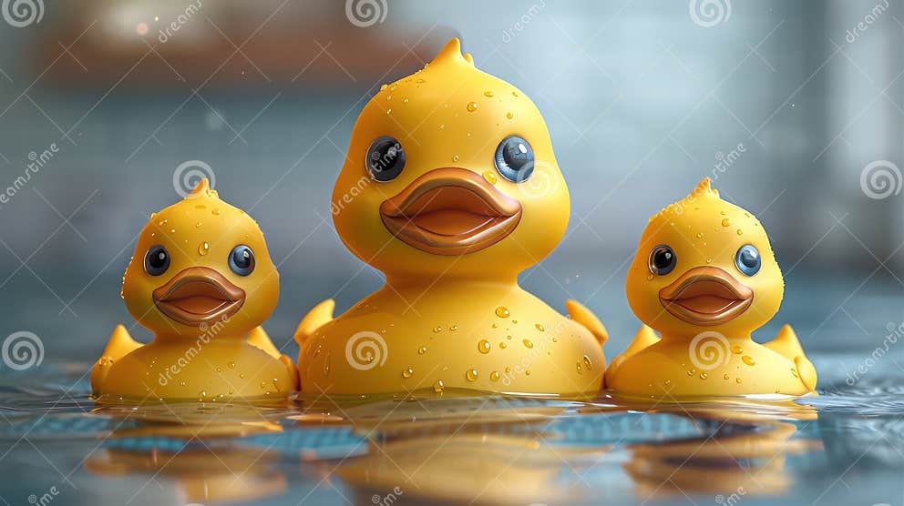 Three Yellow Rubber Ducks Float in Water, Abstract Background for a ...