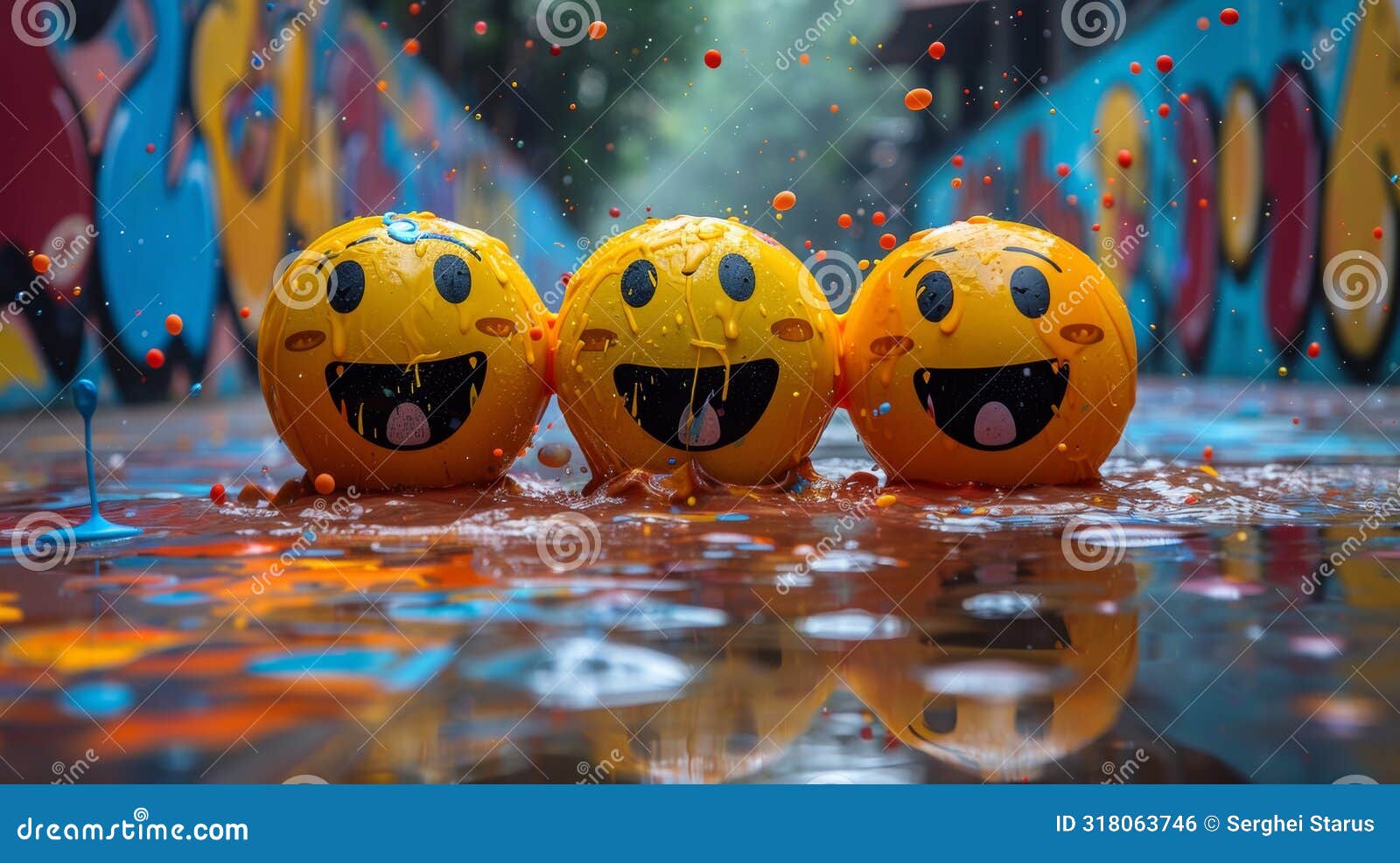 Three Yellow Smiley Face Emoticons are Sitting in a Puddle of Water, AI ...