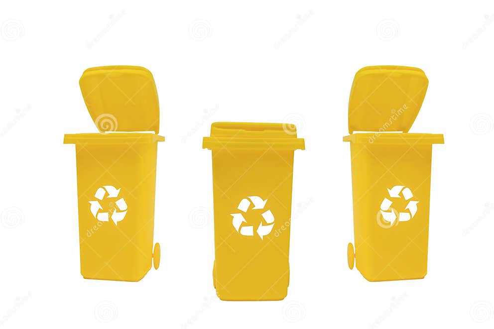 Three Yellow Trash Cans with Recyclable Lids Stock Image - Image of ...