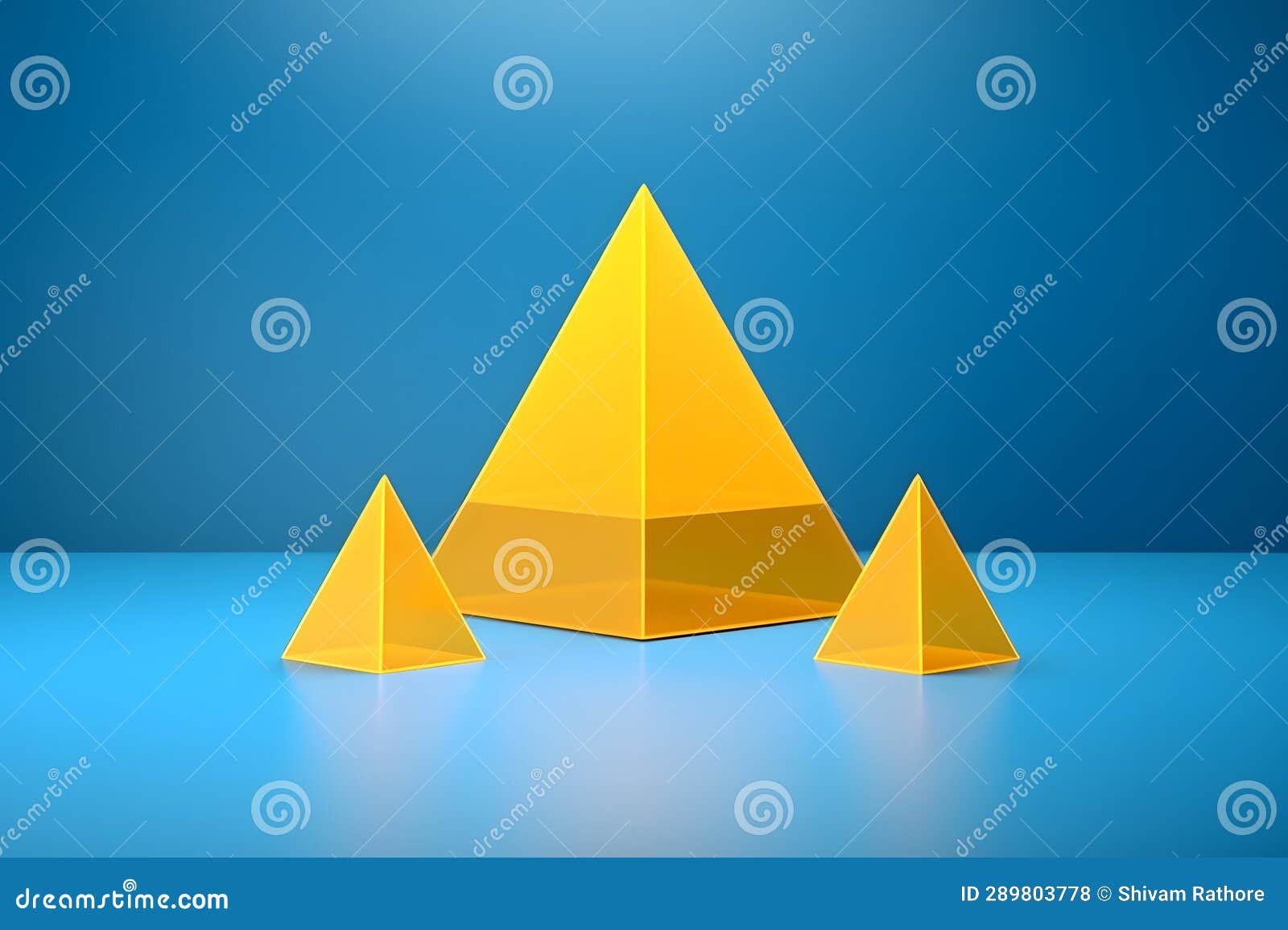 Three Yellow Triangle Pyramids Shapes on Blue Background. AI Generated ...