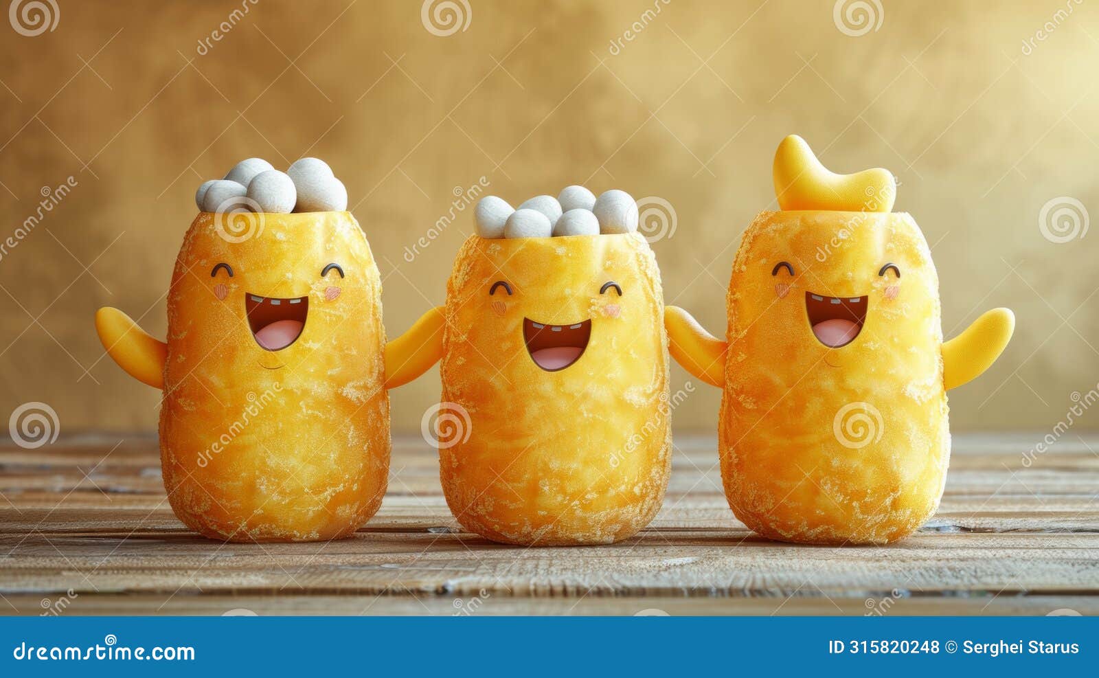 Three Yellow and White Shaped Objects with Eyes, Mouths and a Face, AI ...