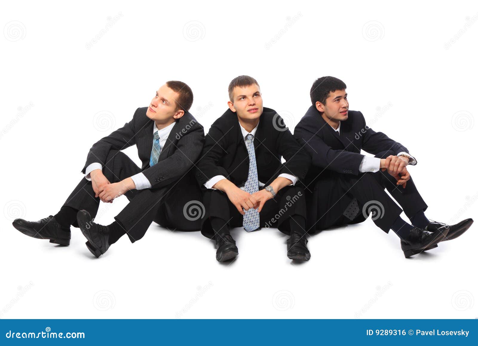Three Young Businessmen Sit on Floor Stock Photo - Image of handsome ...