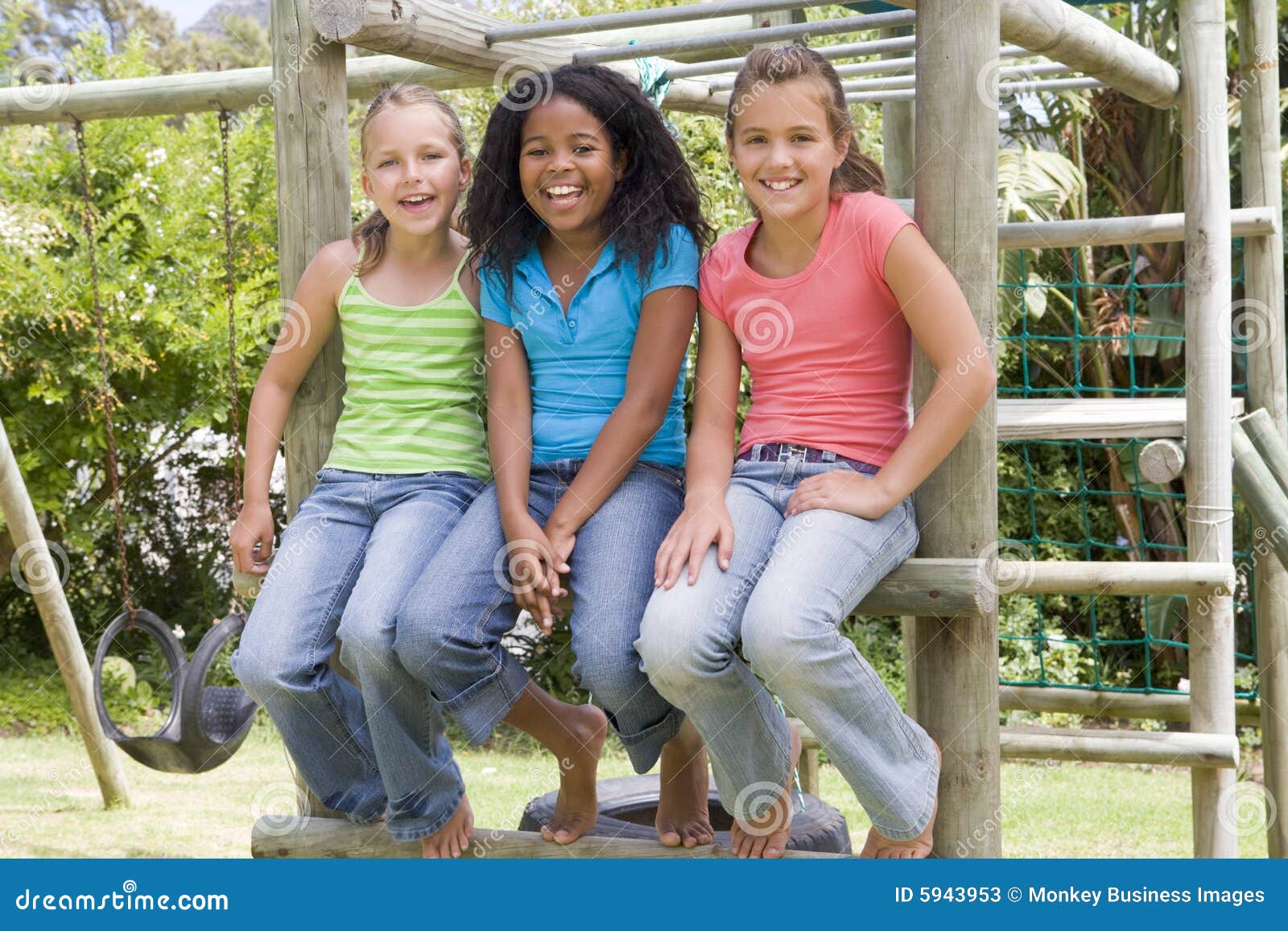 Three Young Girl Friends at a Playground Smiling Stock Image - Image of ...