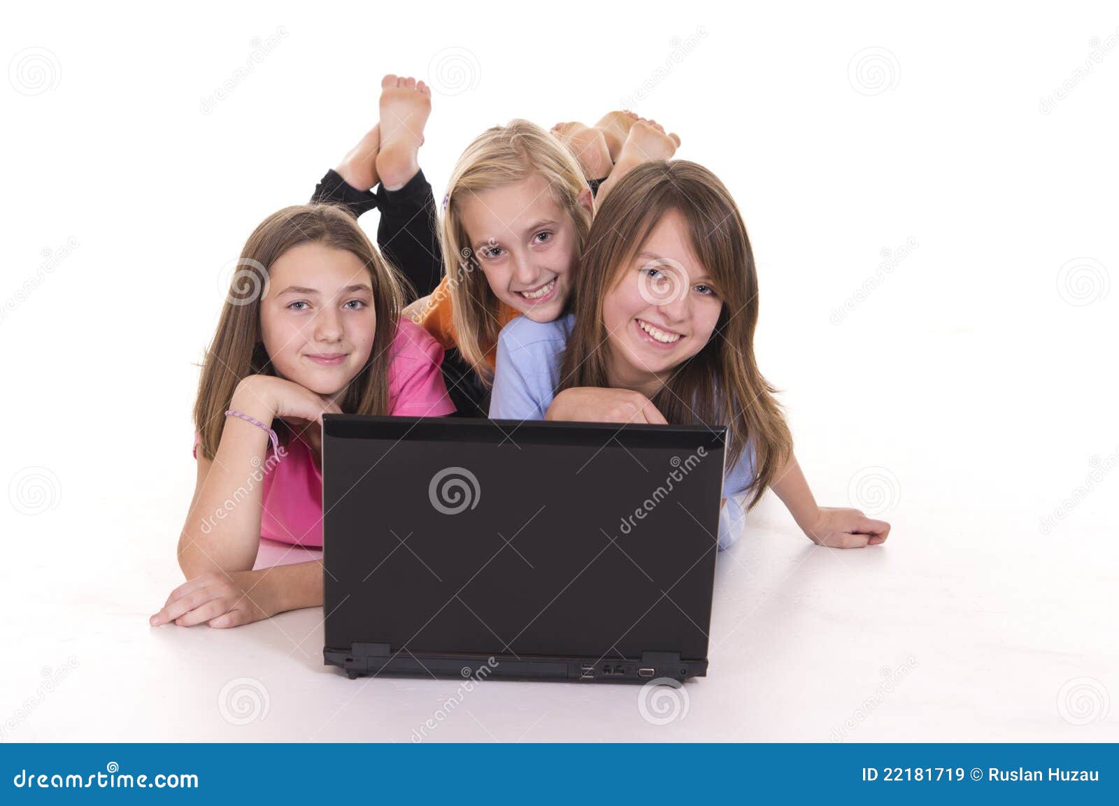 Three Young Girls and Laptop Stock Image - Image of lifestyle, healthy ...