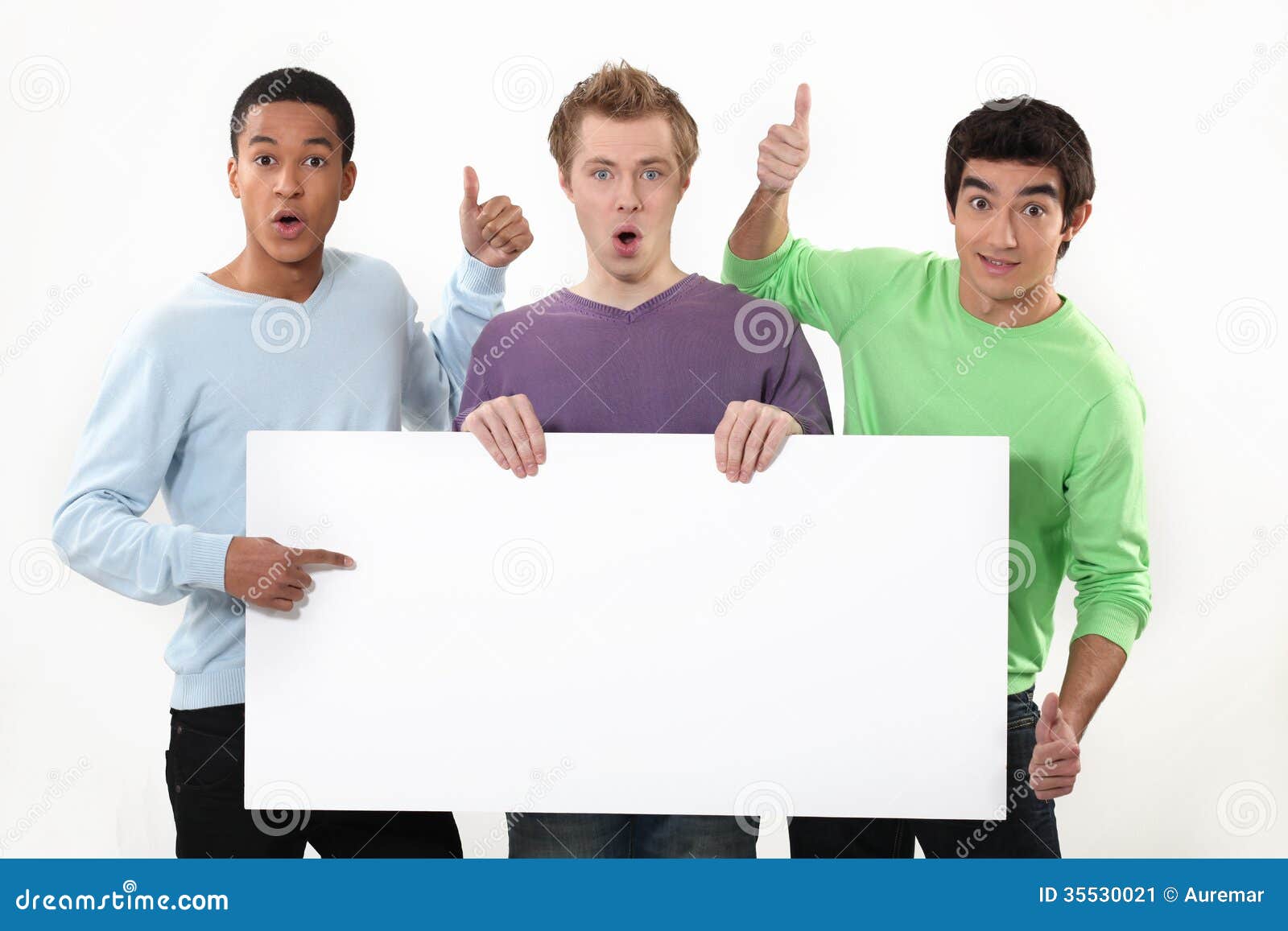 Three young guys with sign stock image. Image of note - 35530021