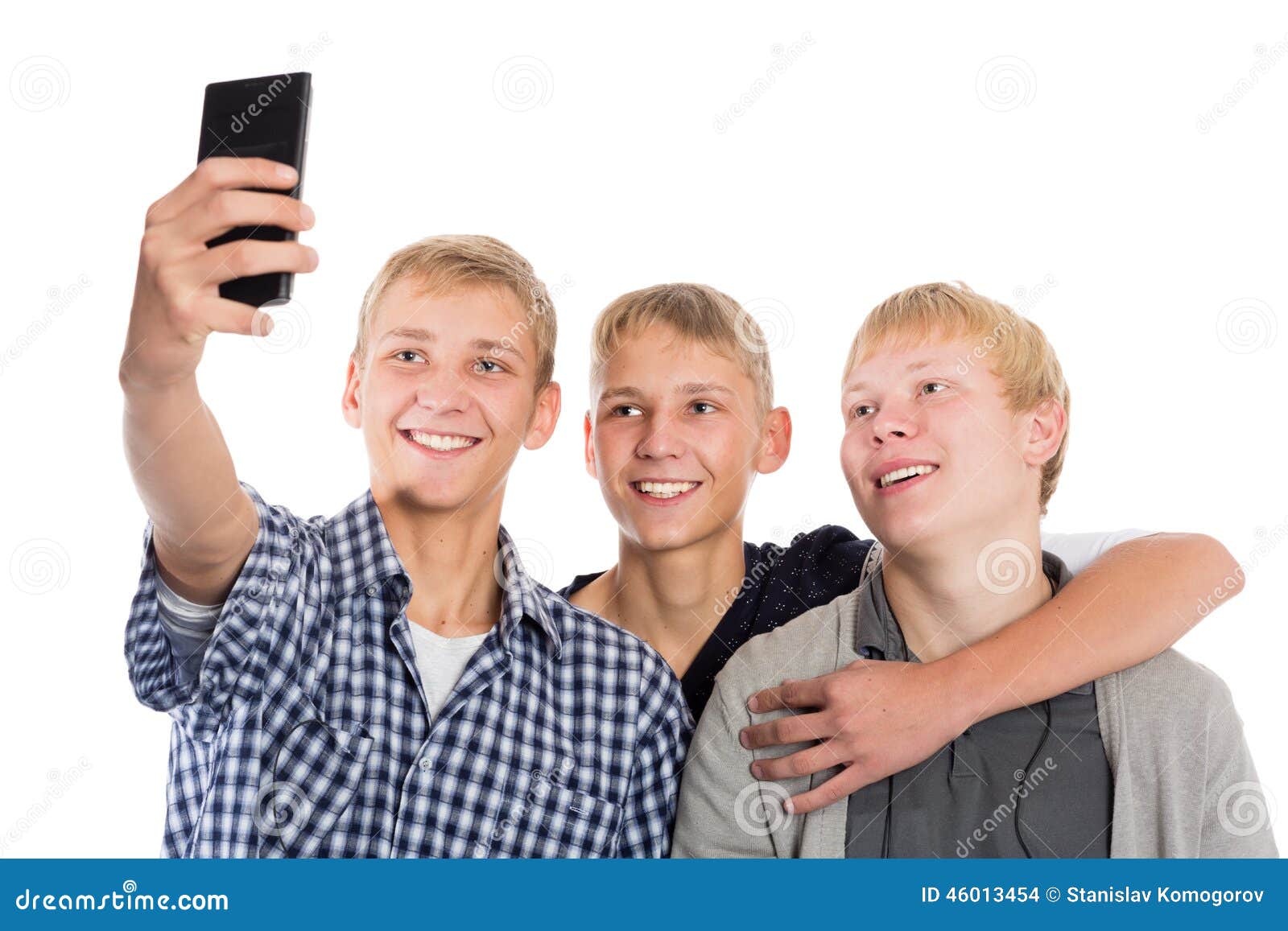 Three Young Guys Taking Self Stock Photo - Image of handsome, cell ...