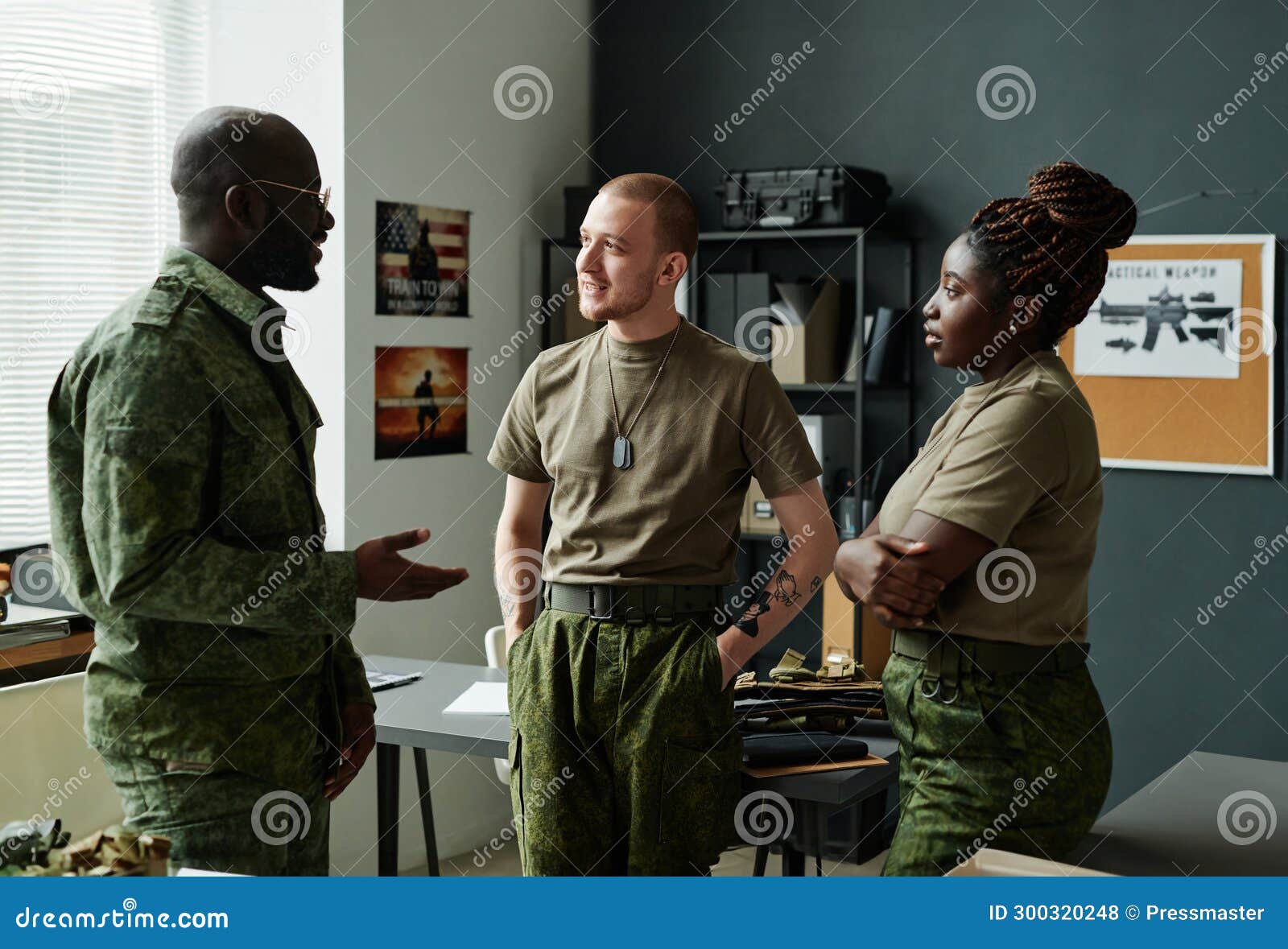 Three Young Intercultural Students in Military Uniform Having ...