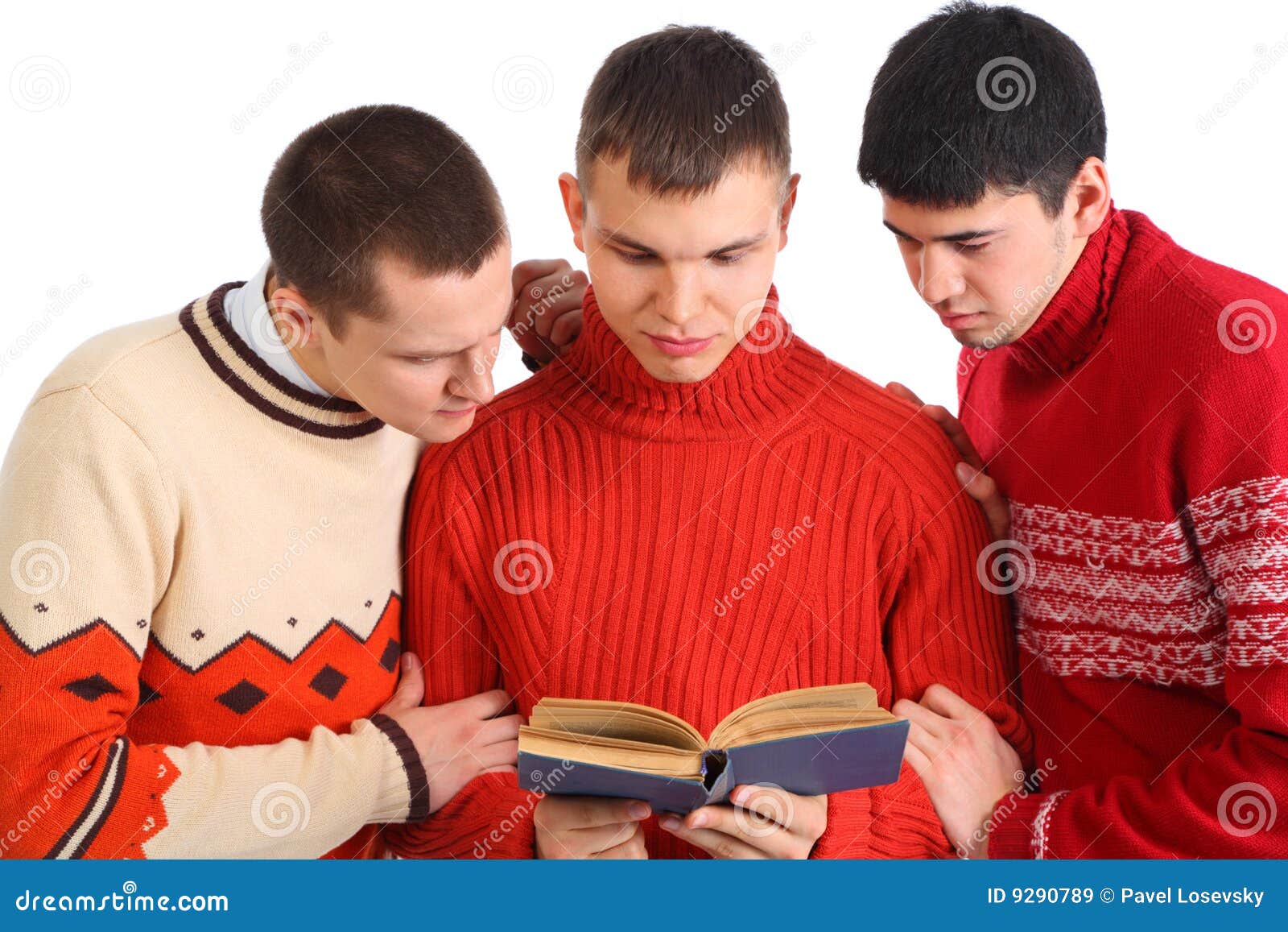 Three young men read book stock image. Image of male, sweater - 9290789