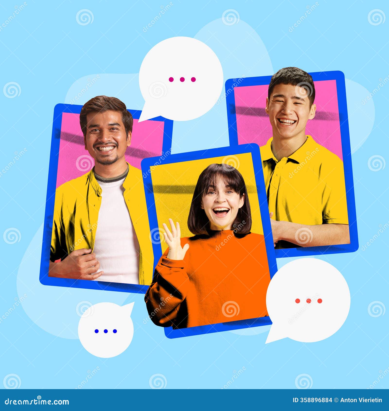 Three Young People in Chat Frames Exchanging Messages. Virtual ...