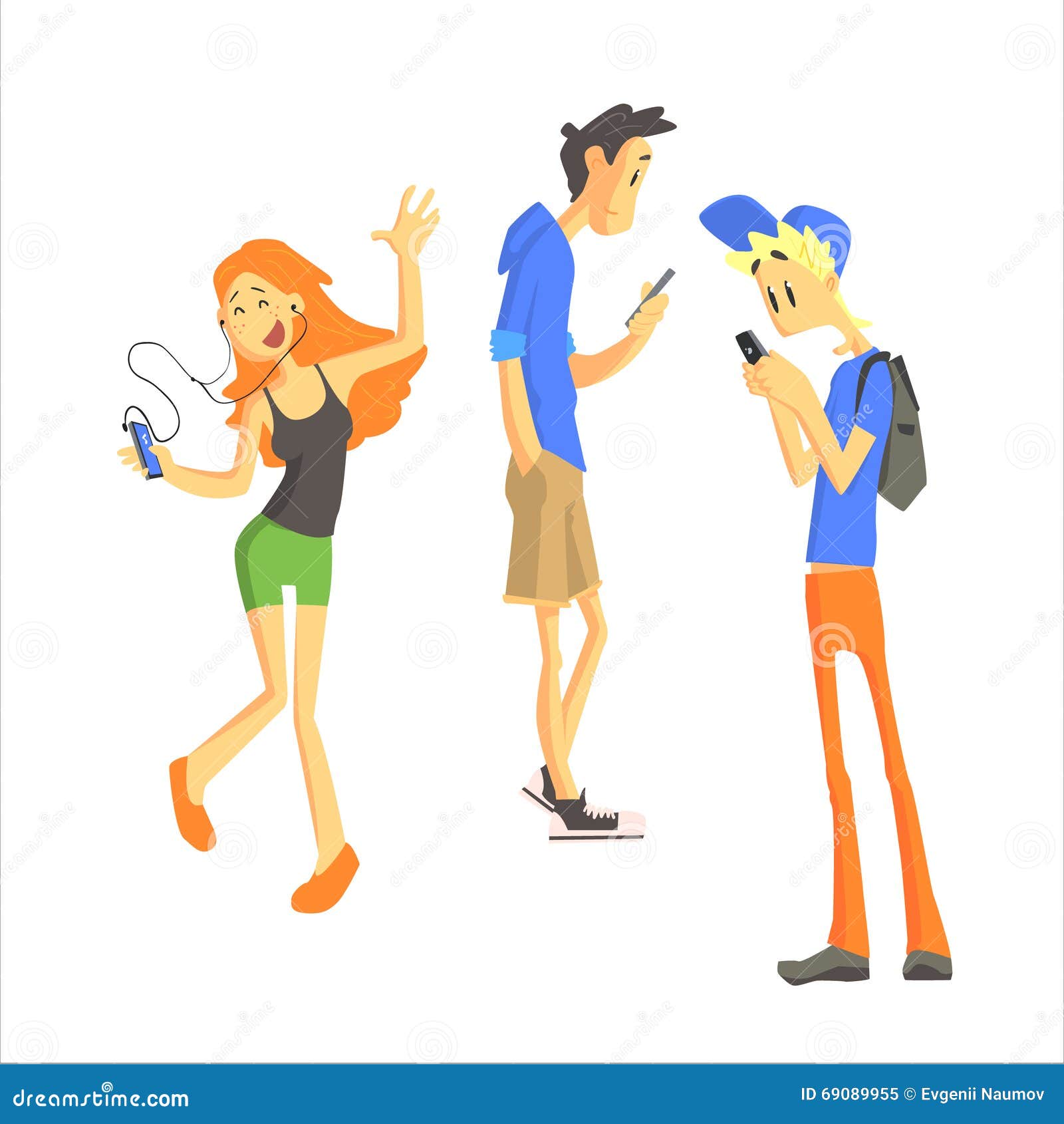 Three Young People Using Gadgets Stock Vector - Illustration of drawing ...