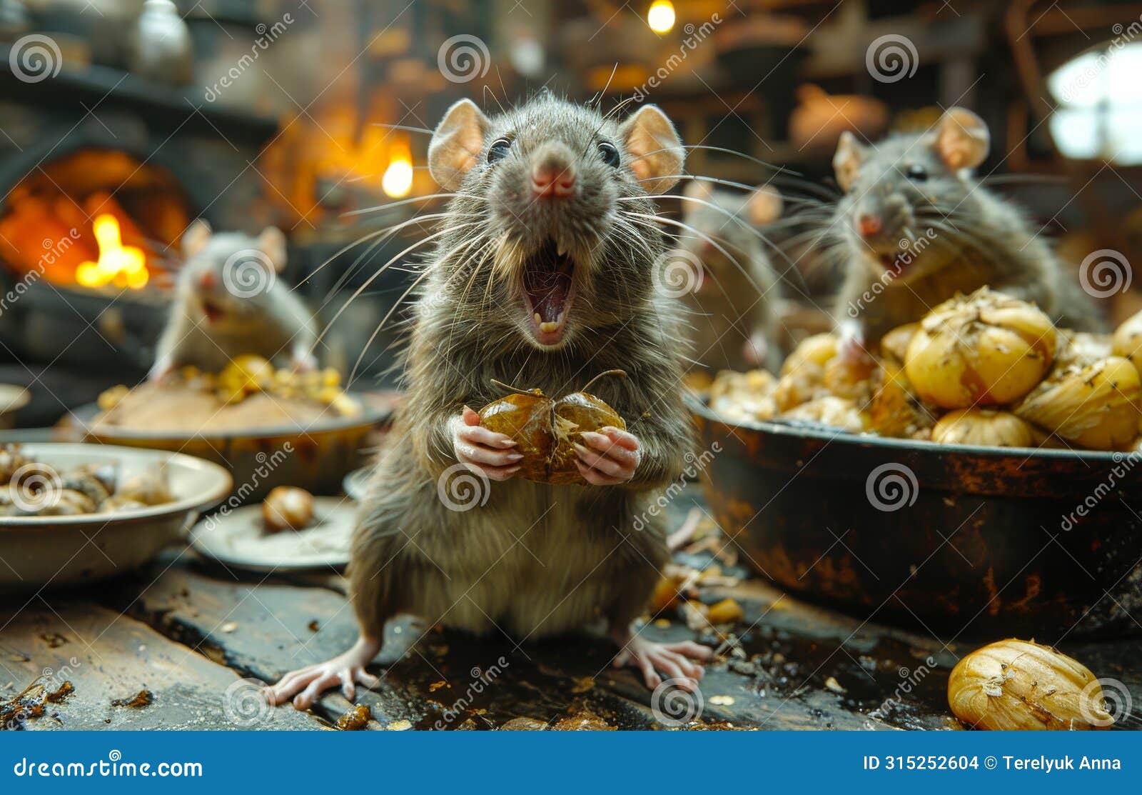 Three Young Rats are Sitting in the Kitchen. the Concept of Rodent ...