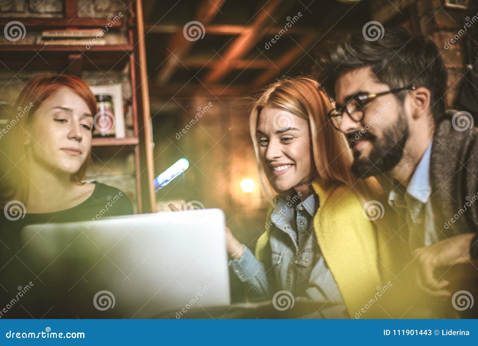 Watching on Laptop. Three Friends. Stock Image - Image of ethnicity ...