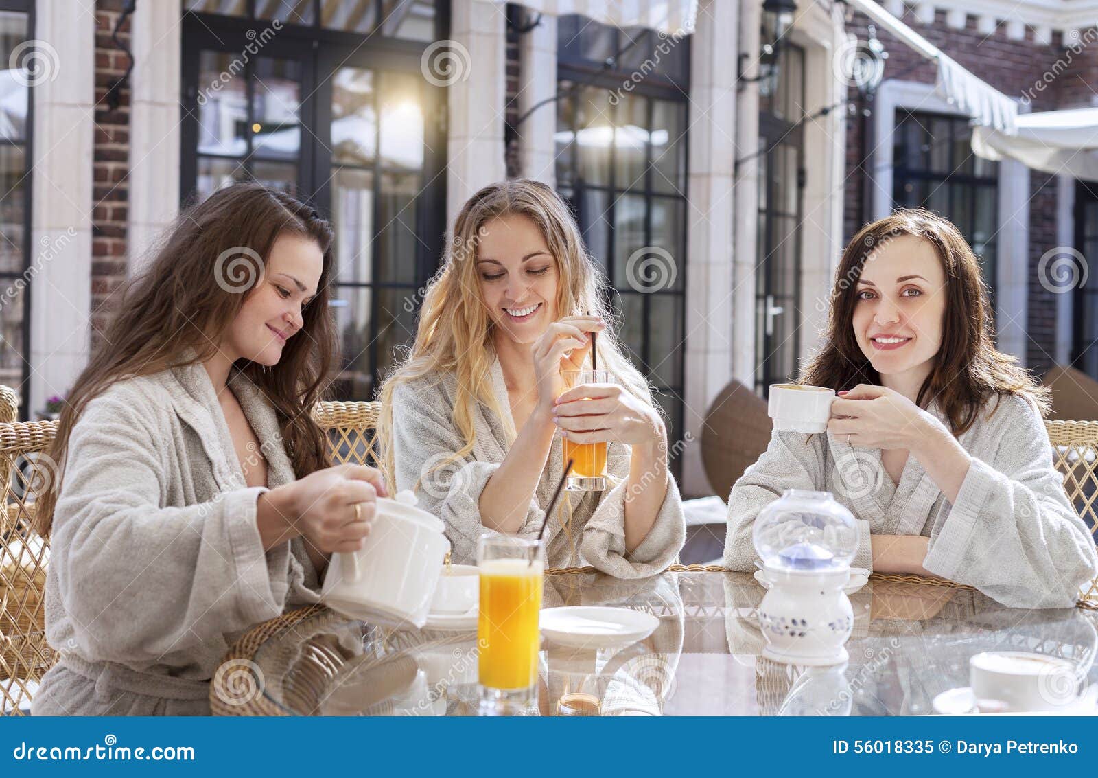 Three Young Women Drinking Tea at Spa Resort Stock Image - Image of ...