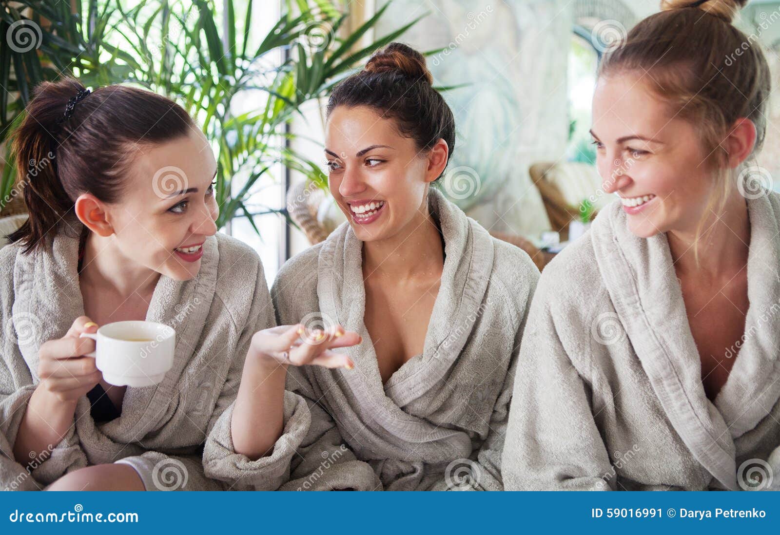 Three Young Women Drinking Tea at Spa Resort Stock Image - Image of ...