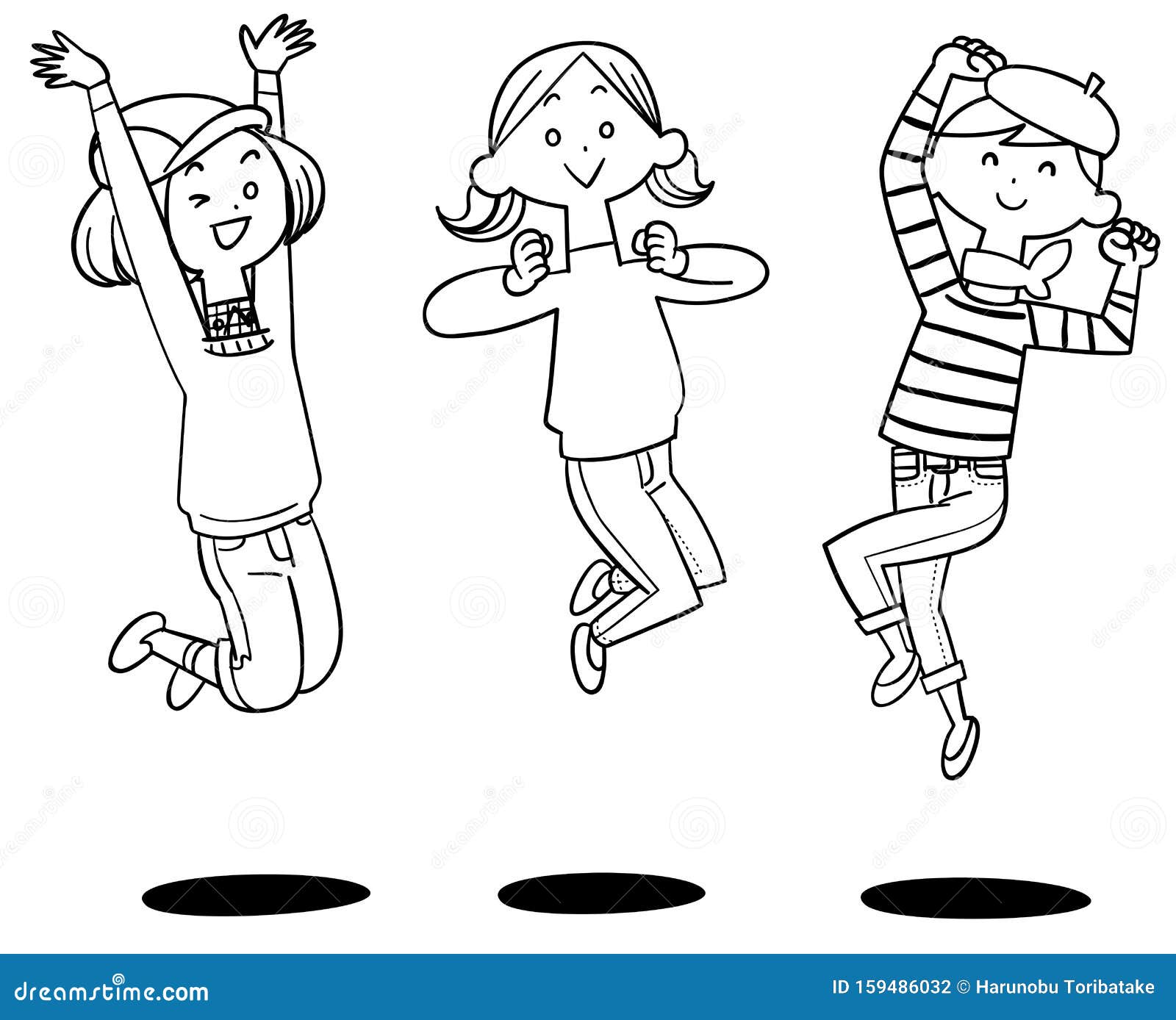 Three Young Women Jump Black Outline Stock Vector - Illustration of ...