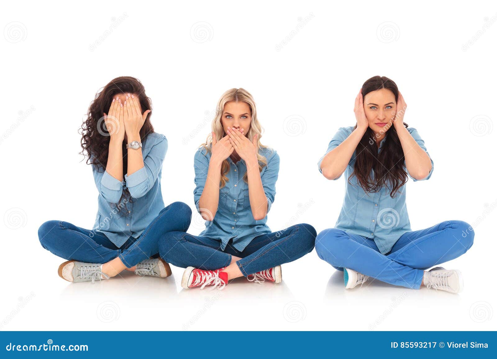 Three Young Women Making the No Evil Poses Sitting Stock Image - Image ...