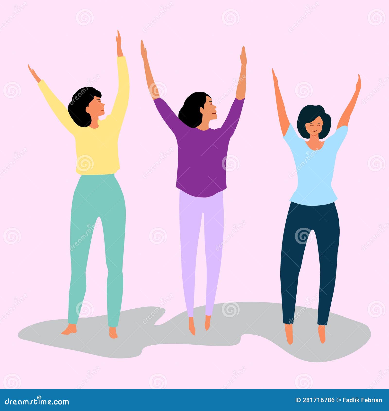 Three Young Women Raising Their Hands. Exercising Stock Vector ...