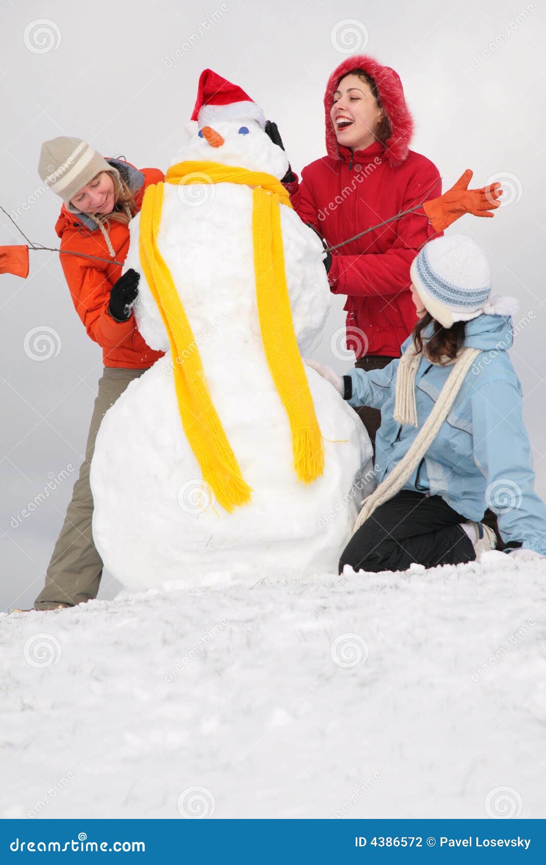 Three Young Women and Snowman Stock Photo - Image of happiness, cloth ...