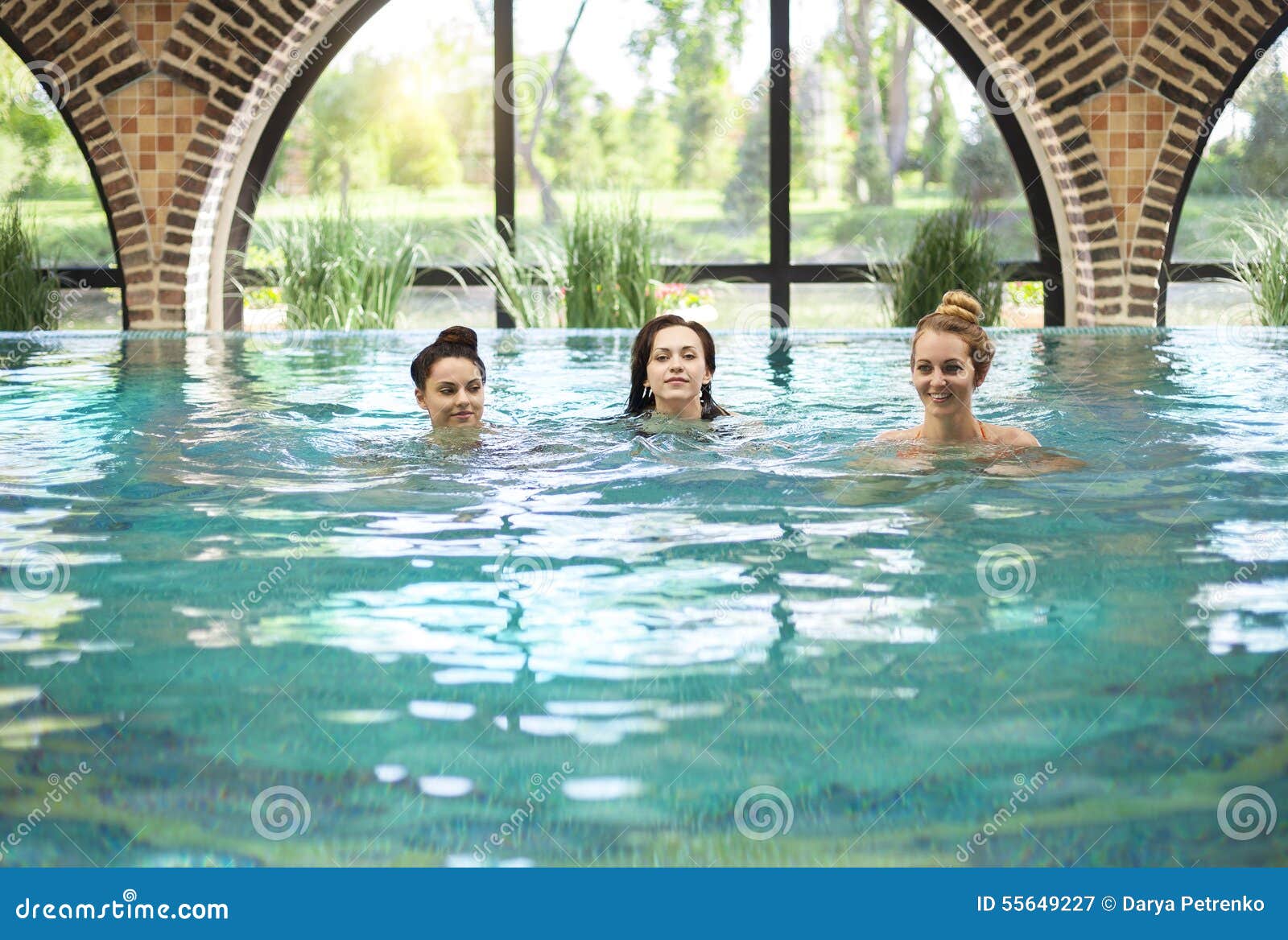 Three Young Women in the Swimming Pool Stock Image - Image of exercise ...